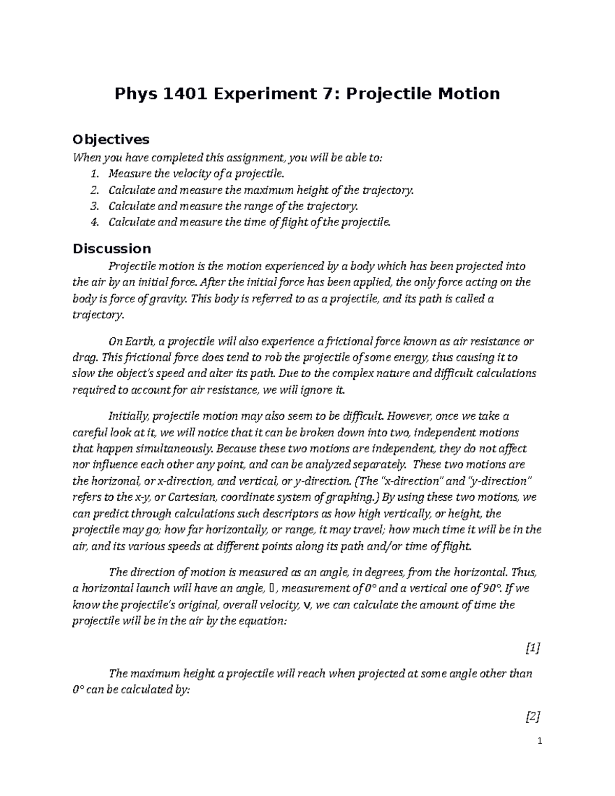 Phys 1401 Experiment 7 Projectile Motion - Phys 1401 Experiment 7 ...