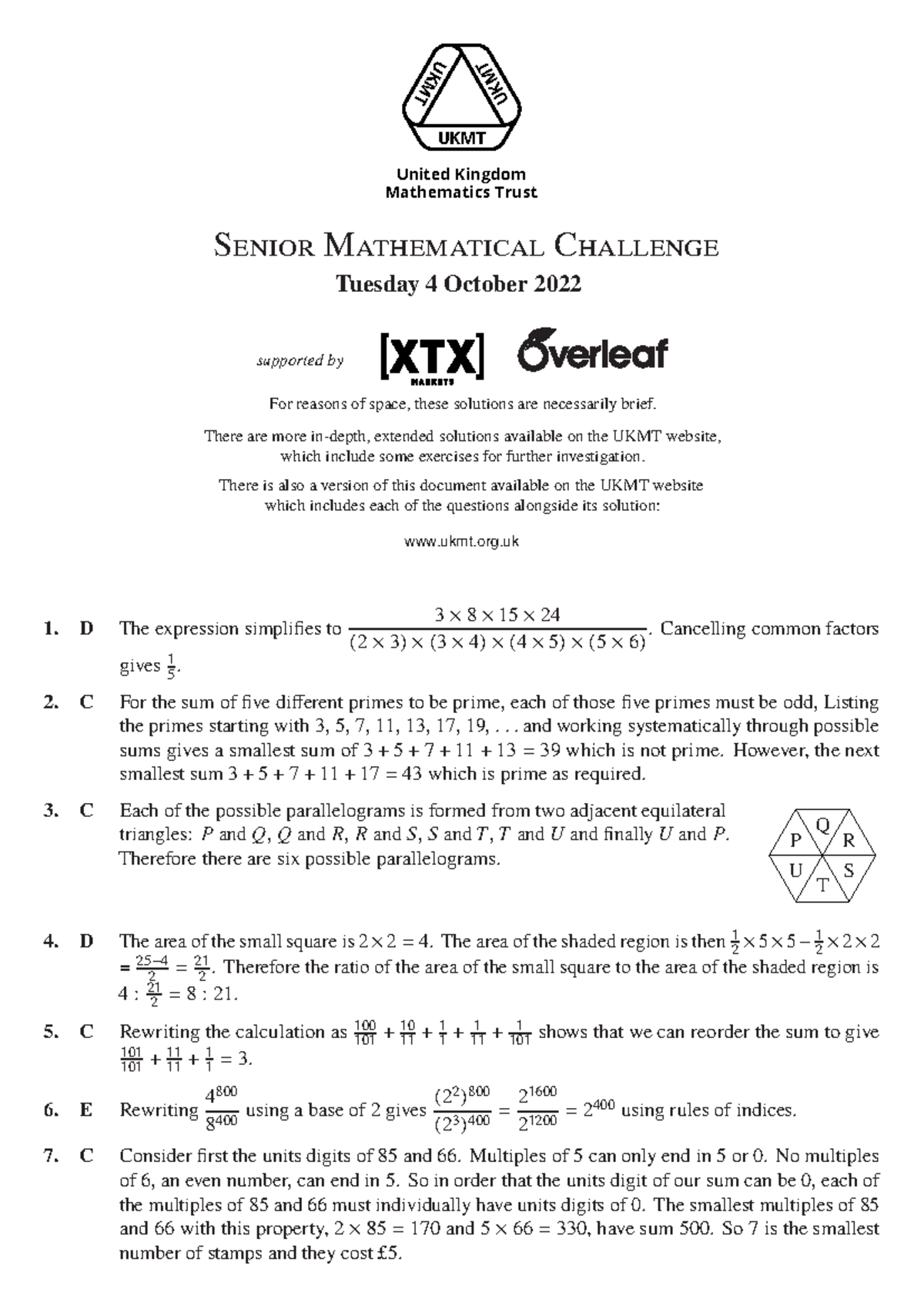 SMC-2022-Solutions - Cambridge maths test. - UKMT UKMT UKMT United ...