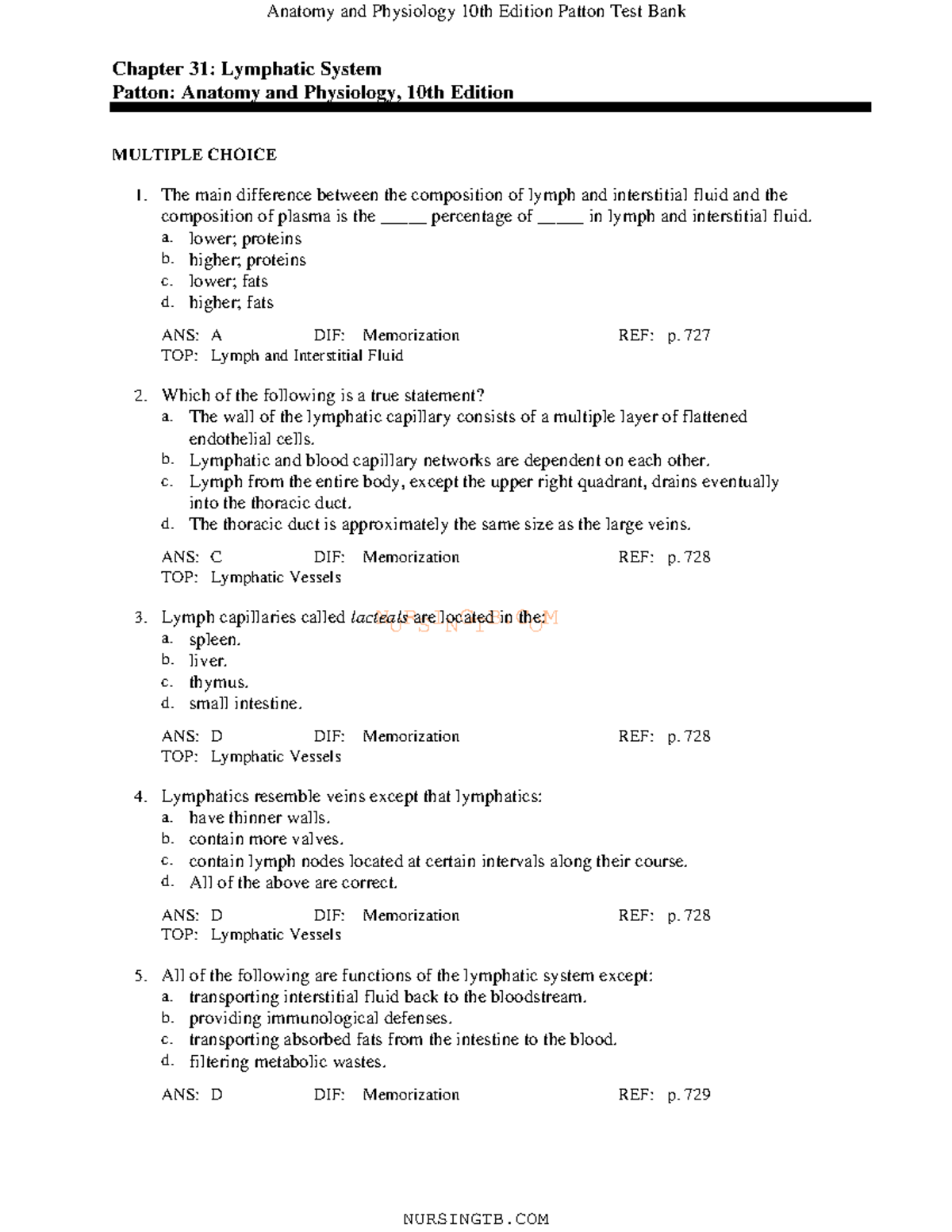31 - Chapter 31: Lymphatic System Patton: Anatomy and Physiology, 10th ...