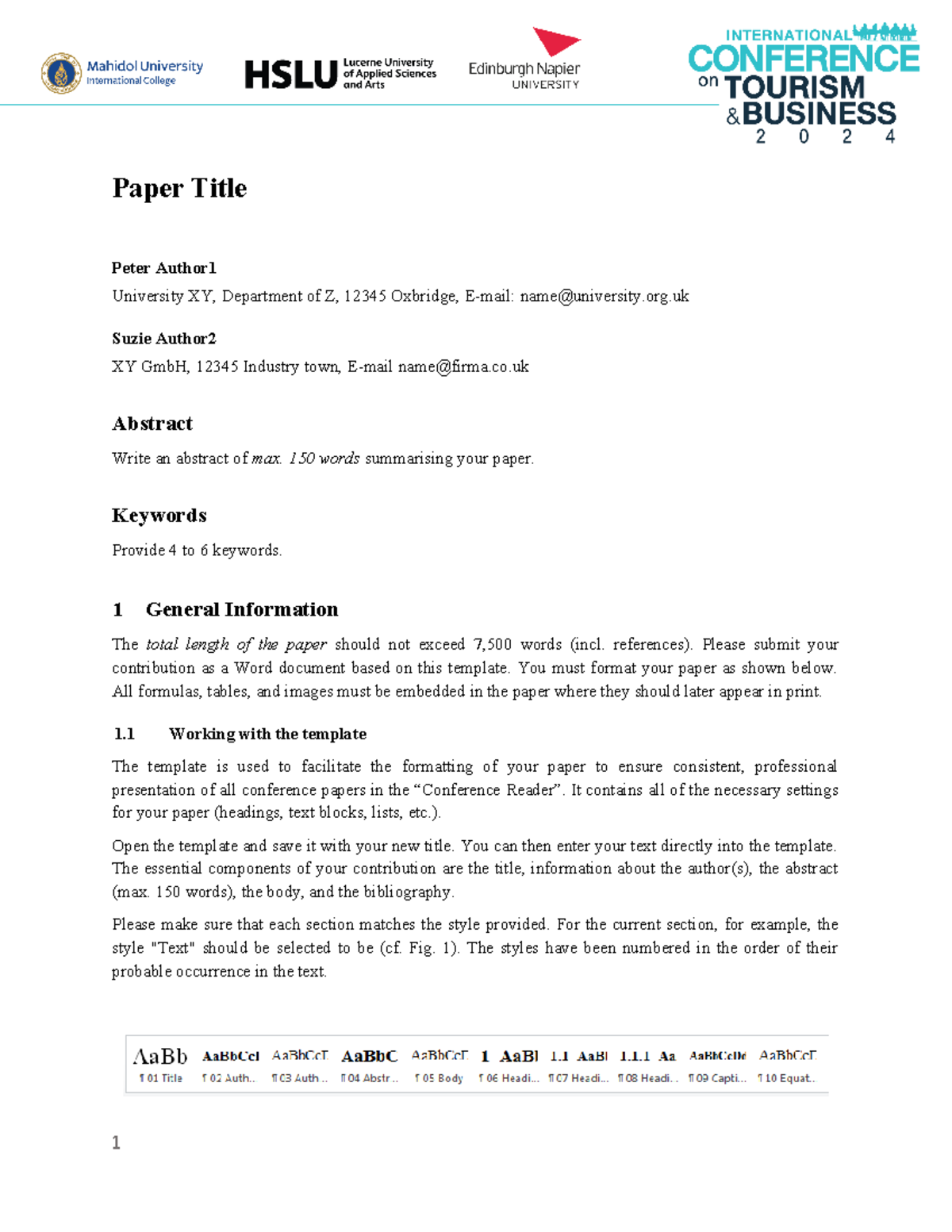 Conference Paper Template ICTB2024 - Paper Title Peter Author University XY, Department of Z ...
