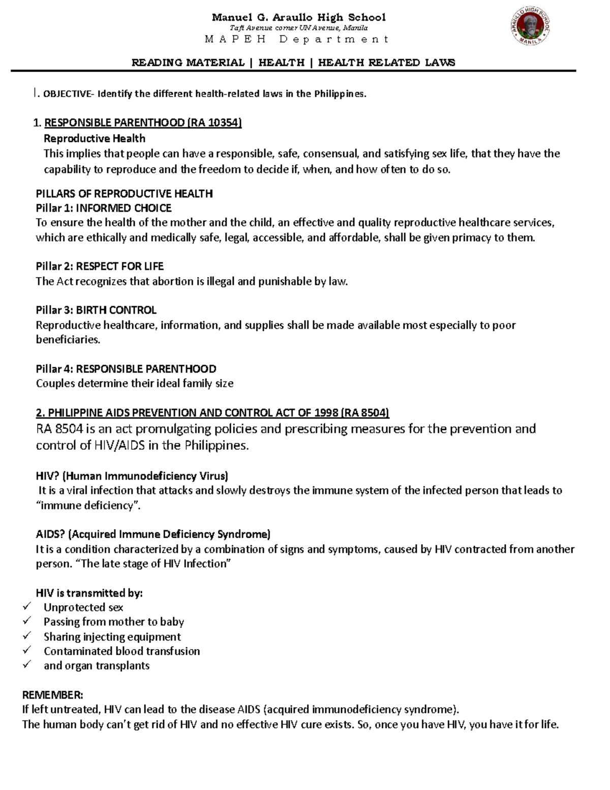 2Q Health Reading Material 1 Lesson 1 - Manuel G. Araullo High School ...