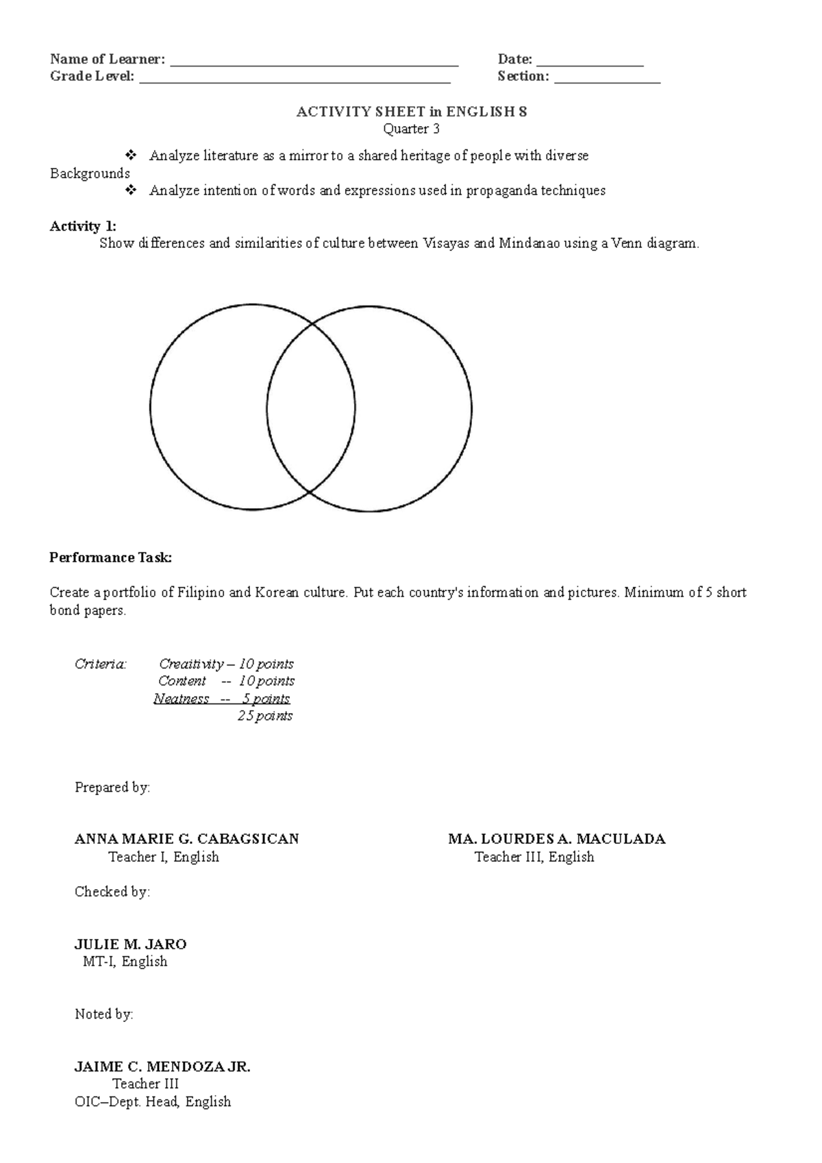 Activity Sheet English 8 - Name of Learner ...