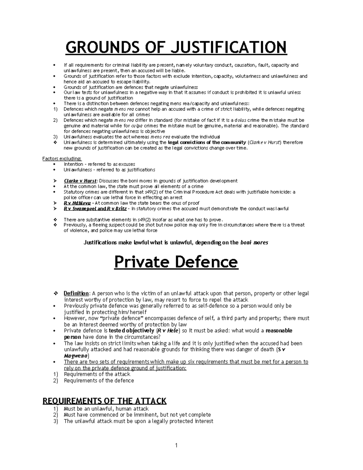 Private Defence - GROUNDS OF JUSTIFICATION If all requirements for ...