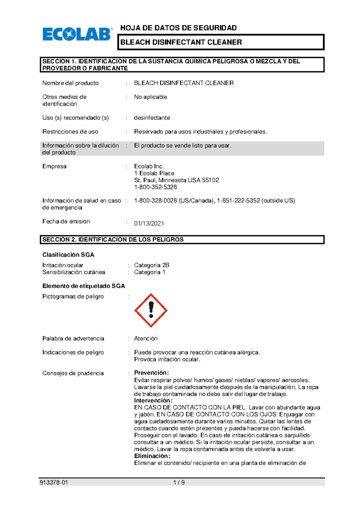 US-1X-913378-01- Bleach Disinfectant Cleaner - BLEACH DISINFECTANT ...