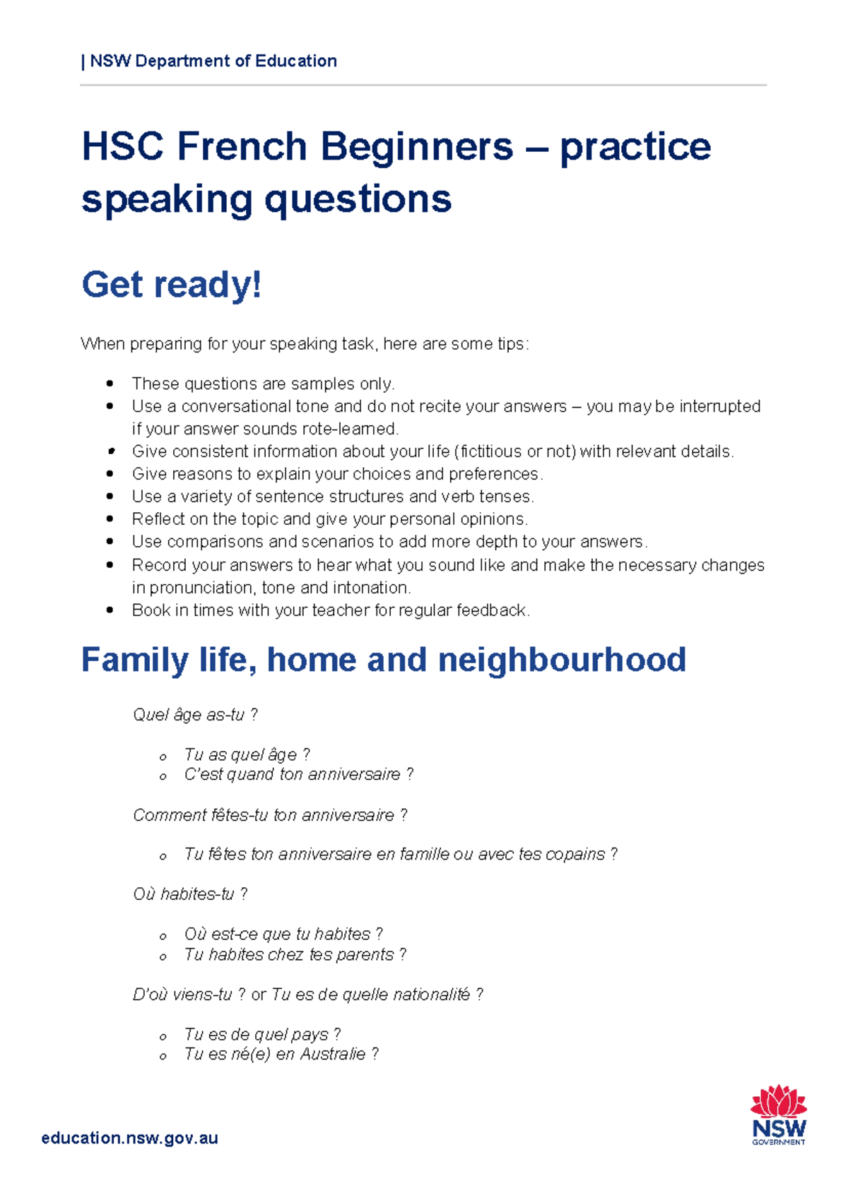 French-stage 6-beg-speaking - | NSW Department of Education HSC French ...