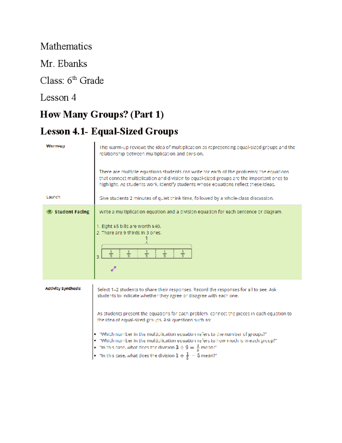 6th Grade Lesson 4-9 - Mathematics - Mathematics Mr. Ebanks Class: 6 th ...