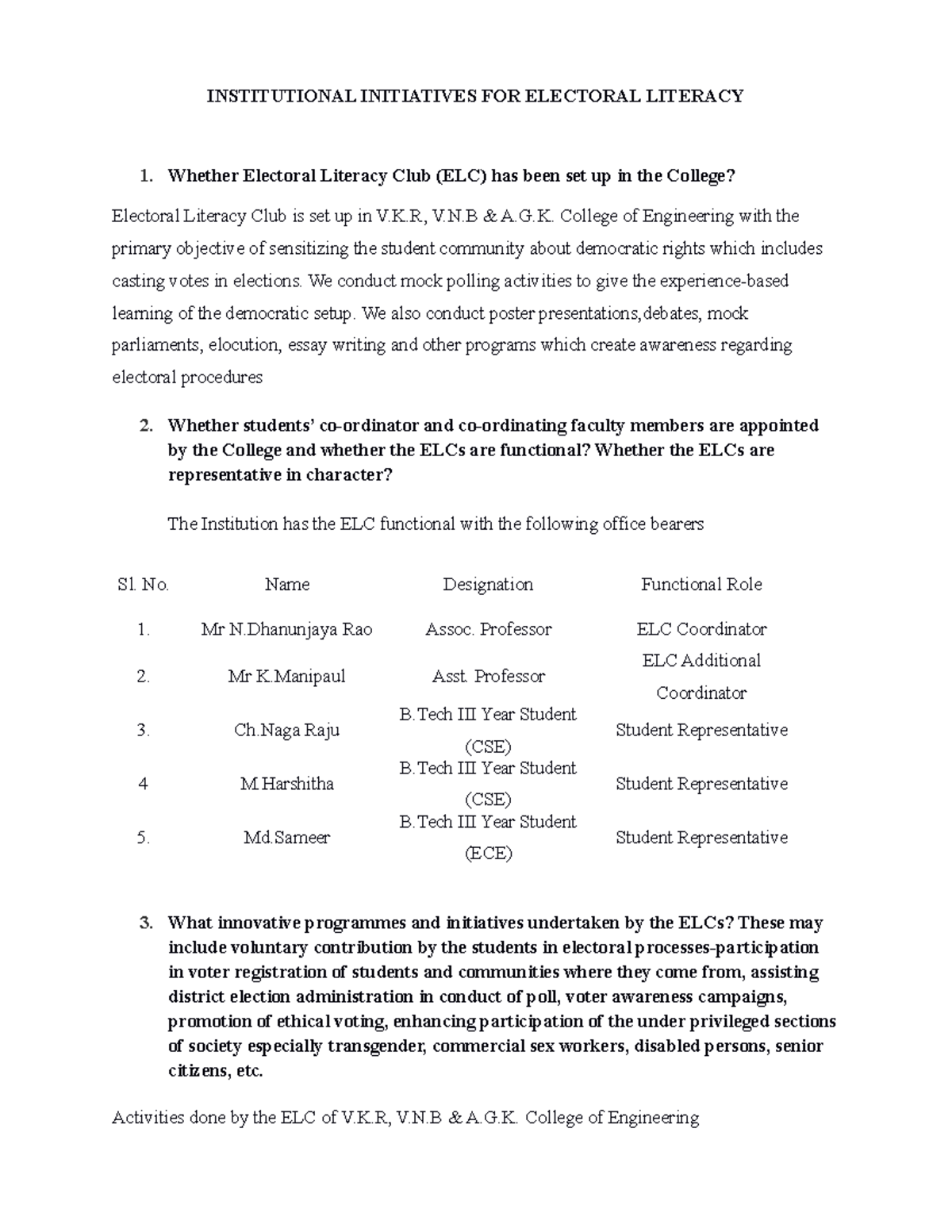 Sample ELC - Learn to earn - INSTITUTIONAL INITIATIVES FOR ELECTORAL ...
