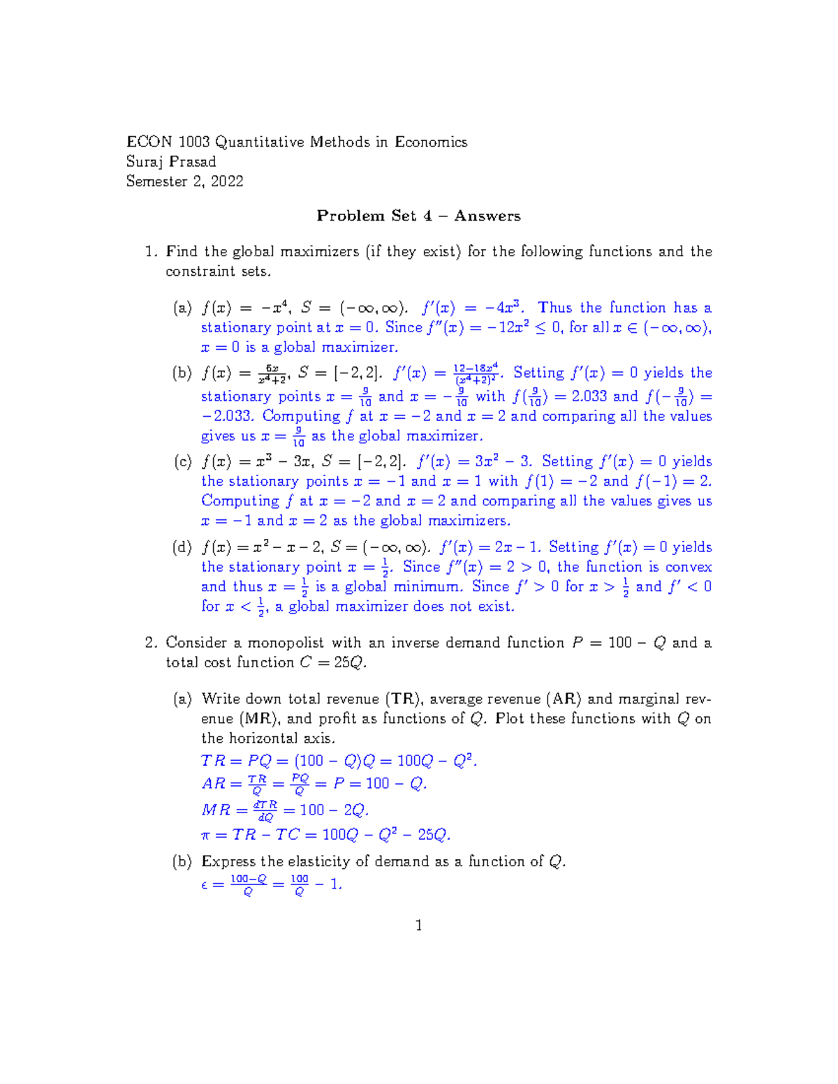 Ans224 - answers - ECON 1003 Quantitative Methods in Economics Suraj Prasad Semester 2, 2022 ...