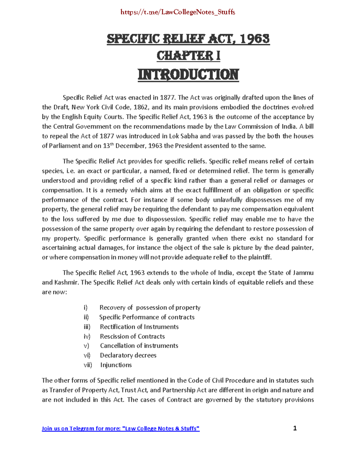 SRA - Renaissance - Very useful SRA Notes - Specific relief Act, 1963 ...