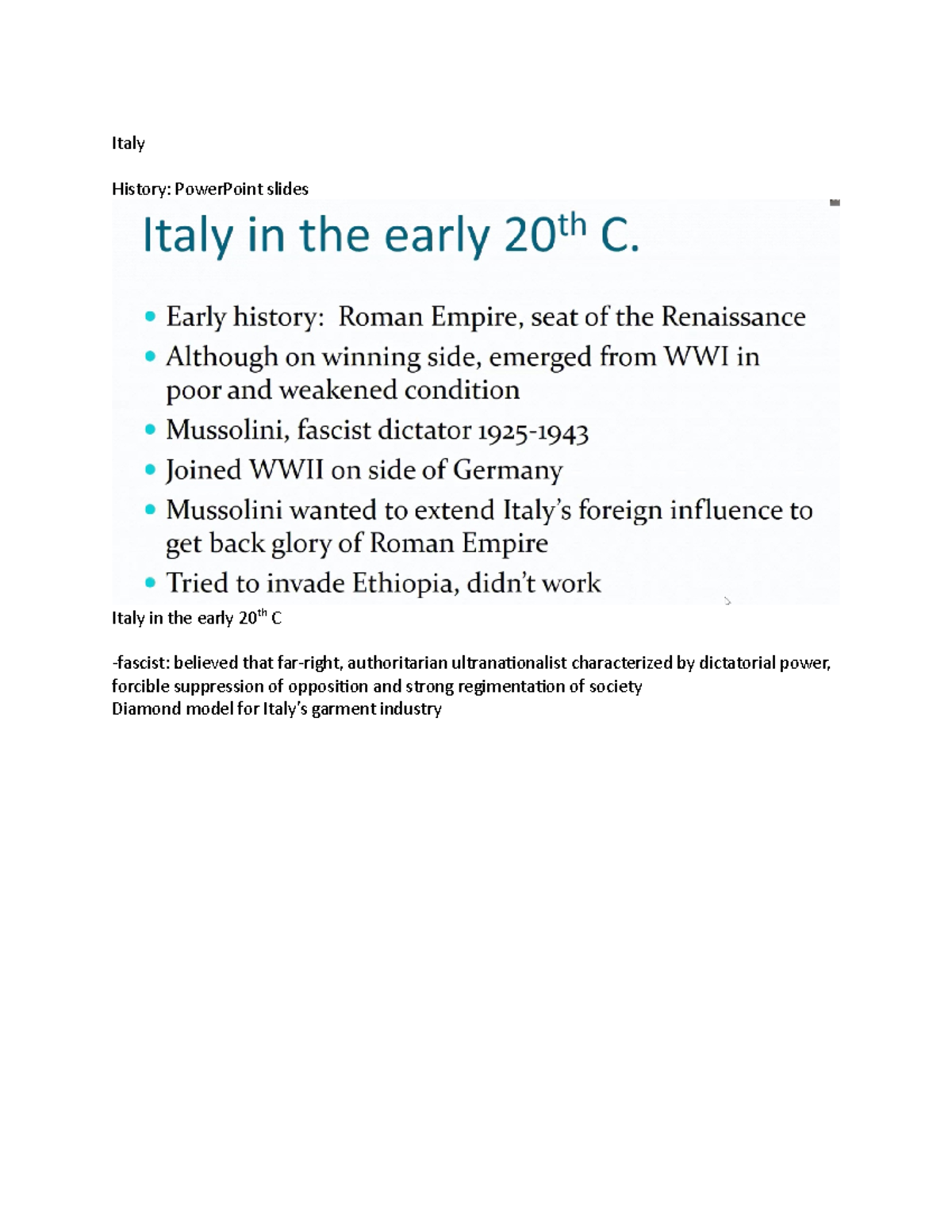 Italy Case - Lecture notes 10 - Italy History: PowerPoint slides Italy ...