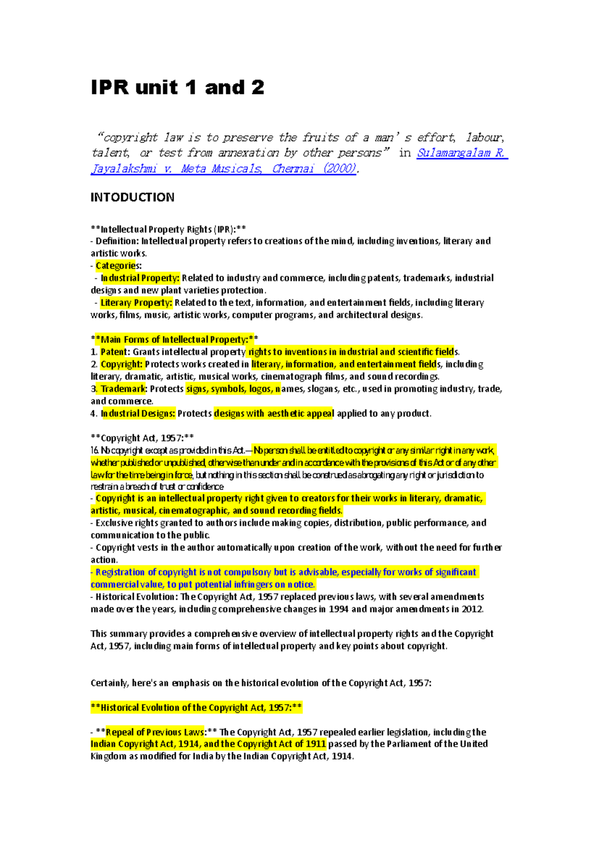 Ipr notes - fair to score - IPR unit 1 and 2 “copyright law is to ...