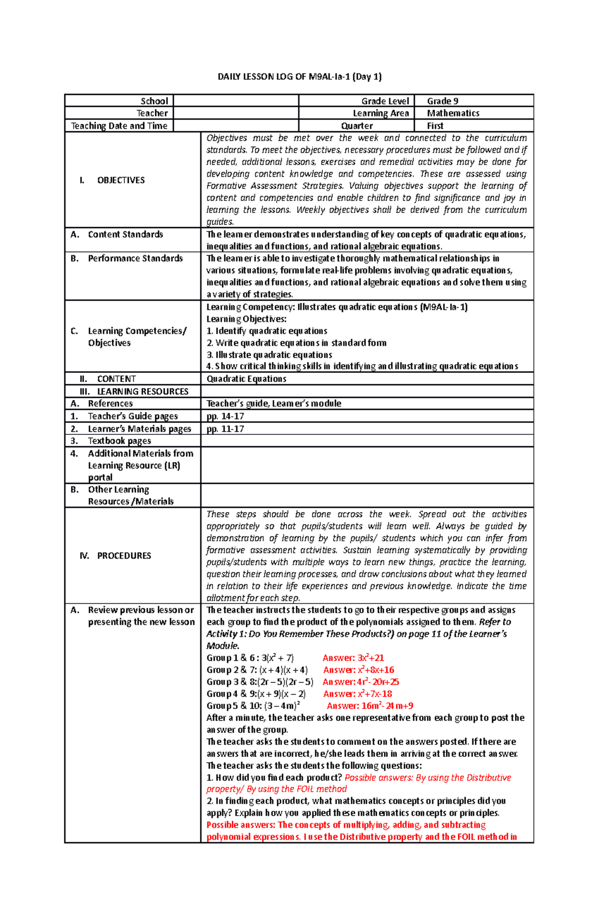 MATHEMATICS 9 QUARTER 1 - DAILY LESSON LOG OF M9AL-Ia-1 (Day 1) School ...