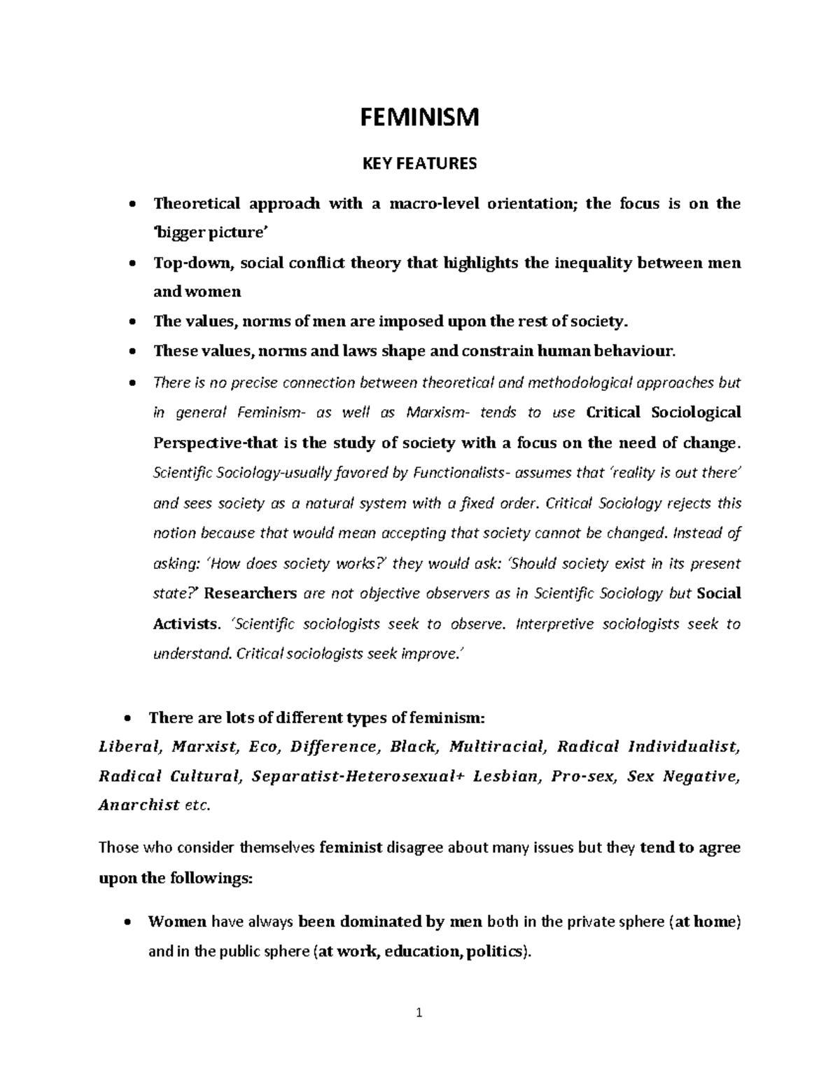 Sociology Notes Feminism - FEMINISM KEY FEATURES Theoretical approach ...