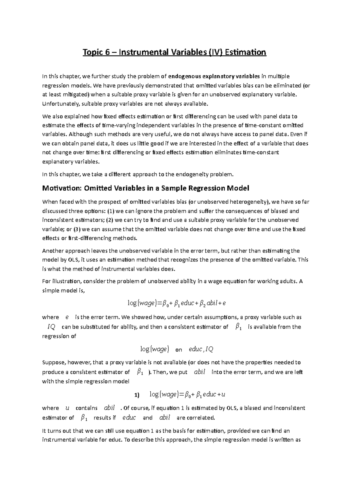 Topic 6 - Instrumental Variable Estimation - Topic 6 – Instrumental ...