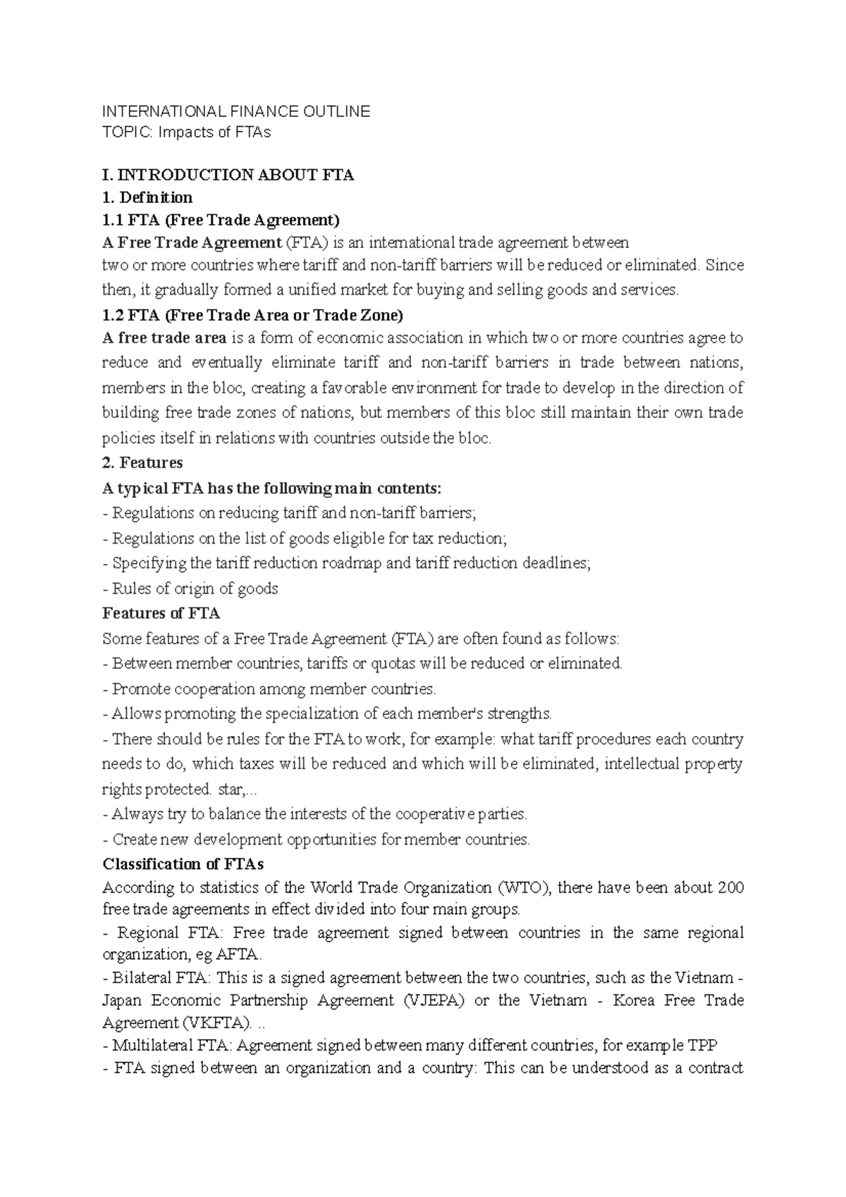 Impacts of FTAs - FTA - INTERNATIONAL FINANCE OUTLINE TOPIC: Impacts of ...