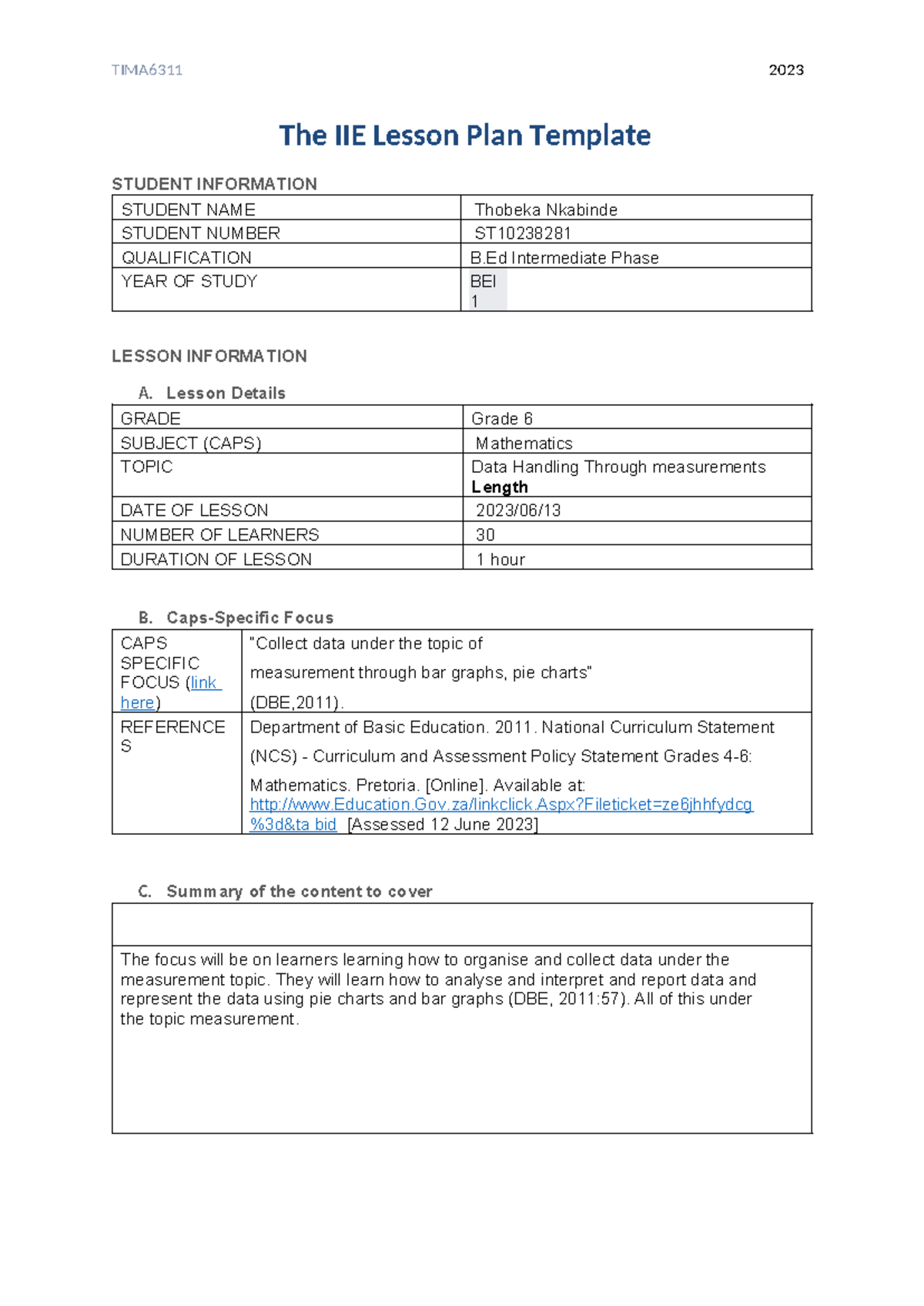 Maths 3rd year final - The IIE Lesson Plan Template STUDENT INFORMATION ...