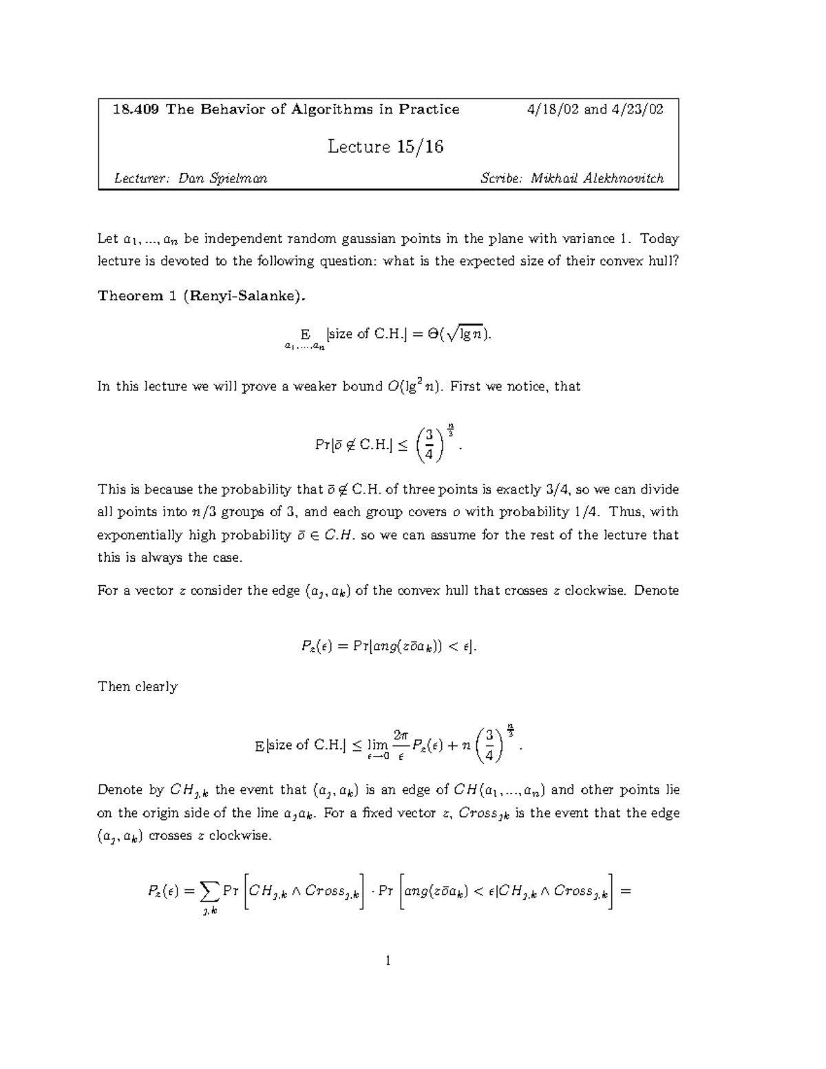 Lect16 - Prof is Naveen Garg - 18 The Behavior of Algorithms in Practice 4/18/02 and 4/23 ...