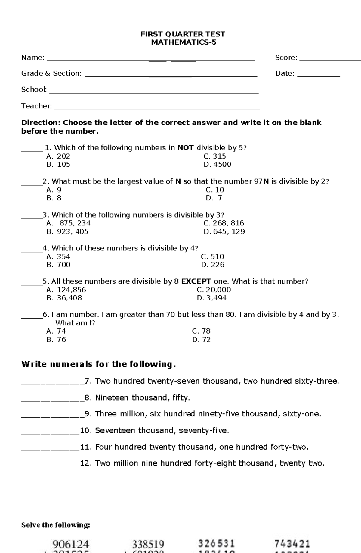 Math First Quarter TEST - FIRST QUARTER TEST MATHEMATICS- Name ...