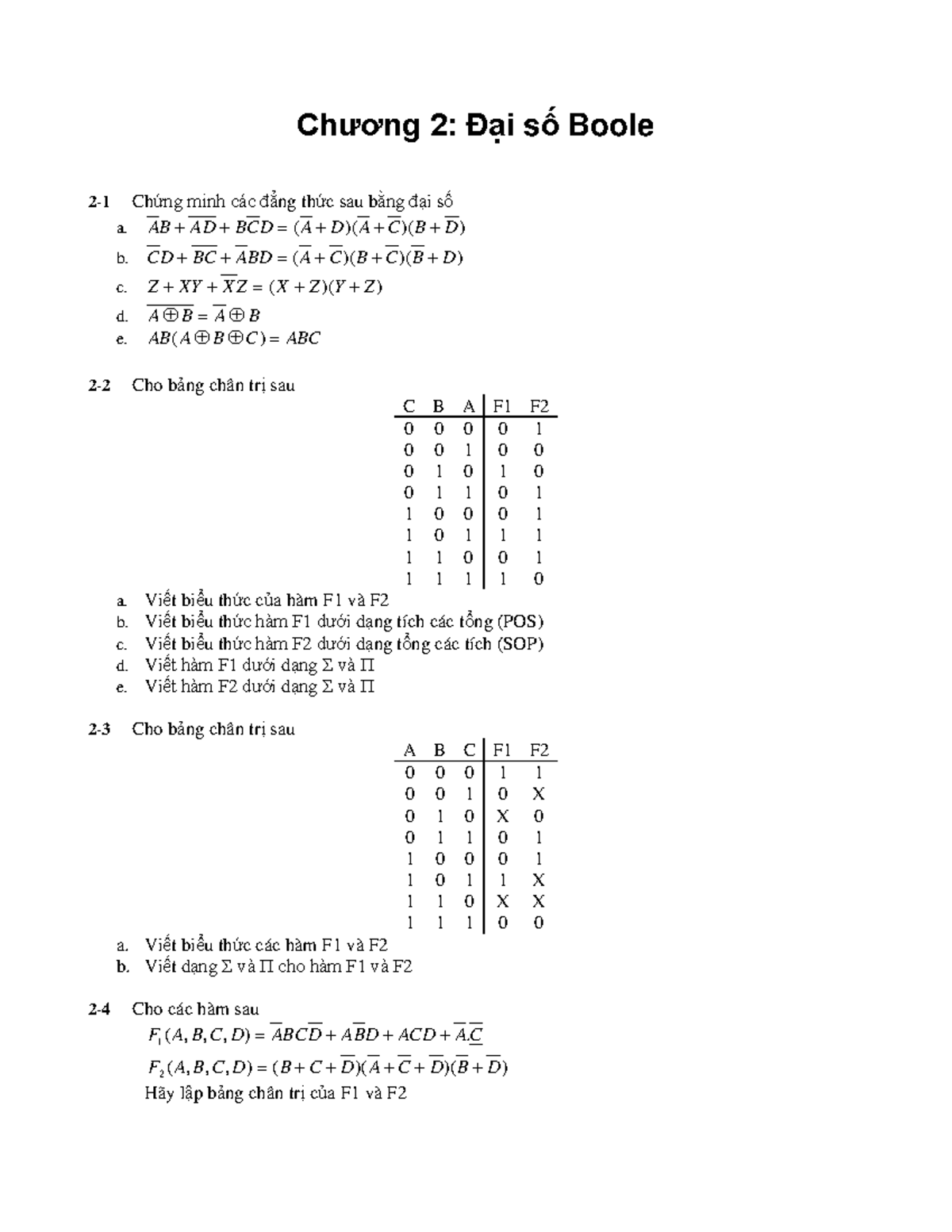 Bai Tap C 2 - hkjhj - Chương 2: Đại số Boole 2 - 1 Chứng minh các đẳng ...