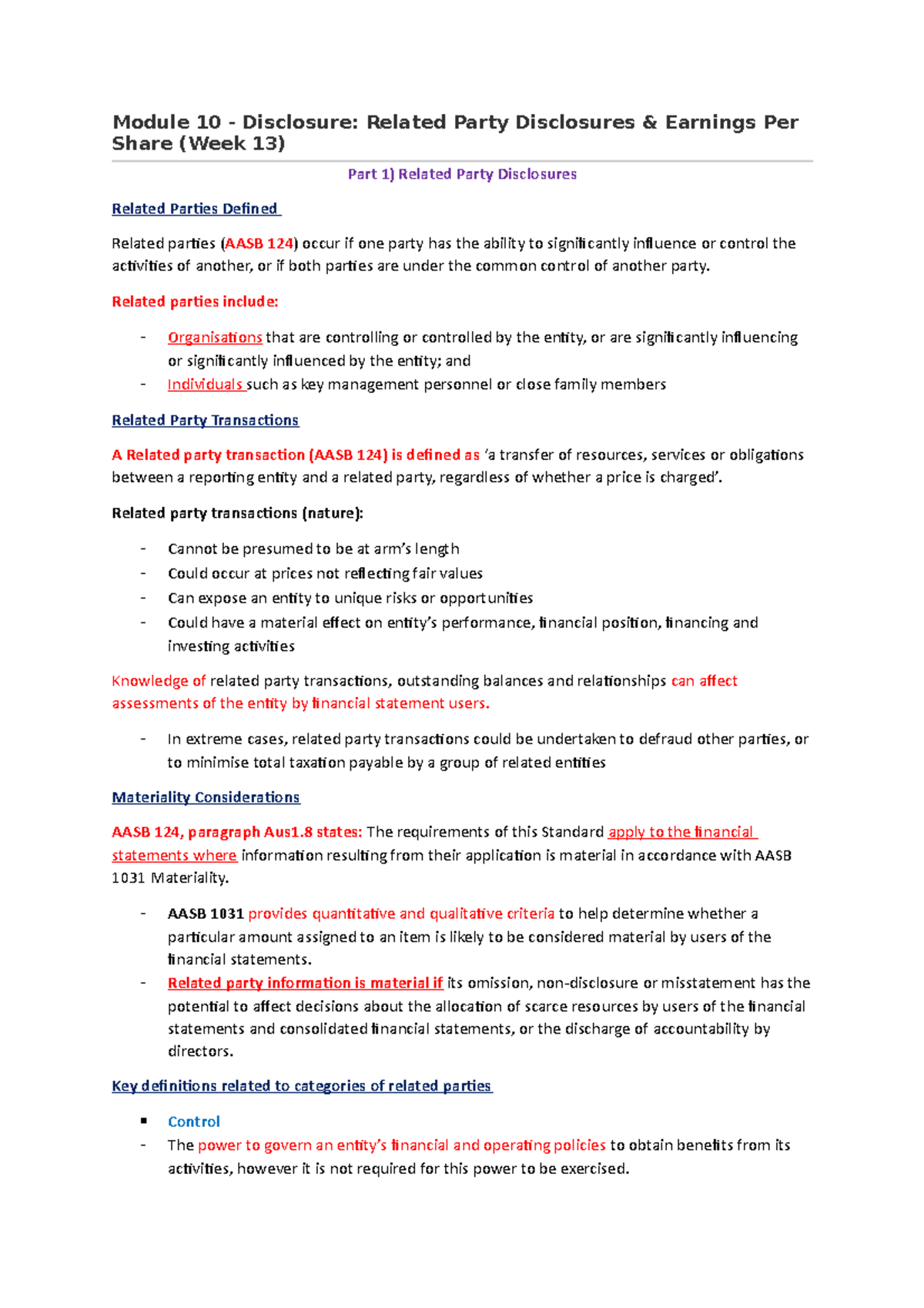 Notes - Module 10 - Disclosure: Related Party Disclosures & Earnings ...