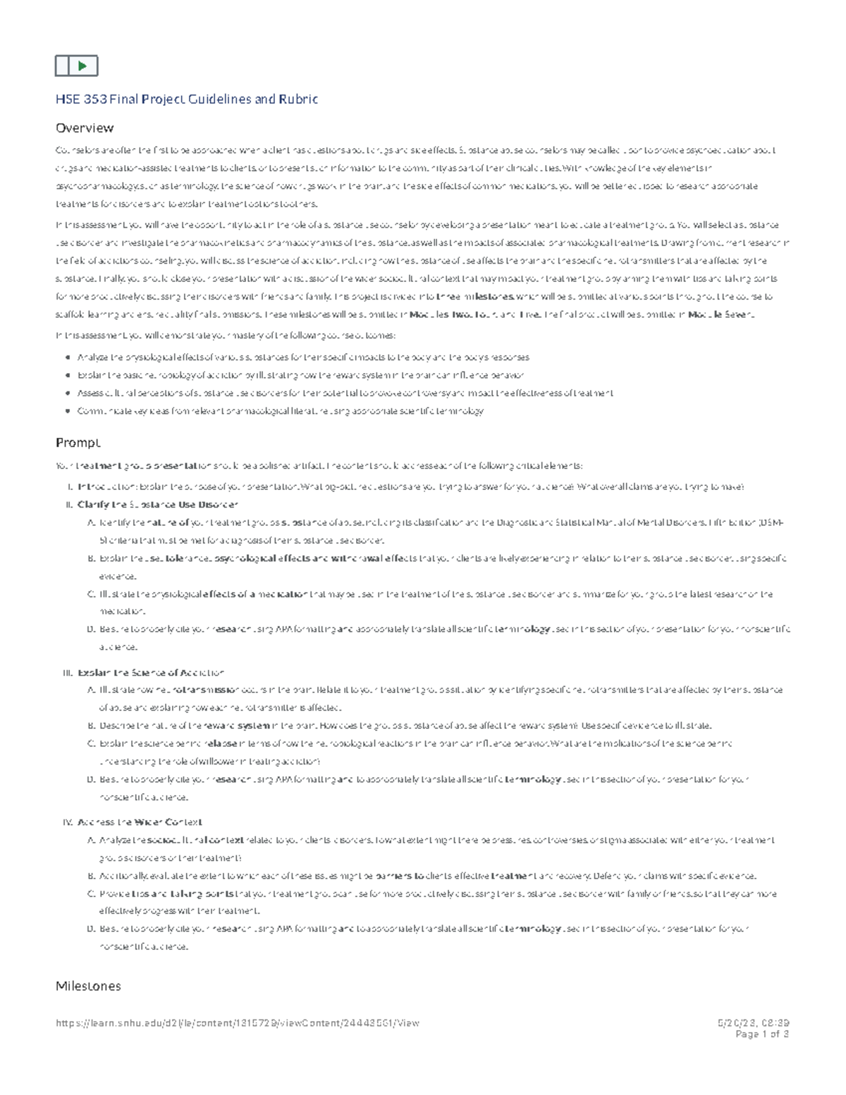 Final Project Guidelines and Rubric - HSE-353-H7379 Pharmacological Factors in S - HSE 353 Final ...