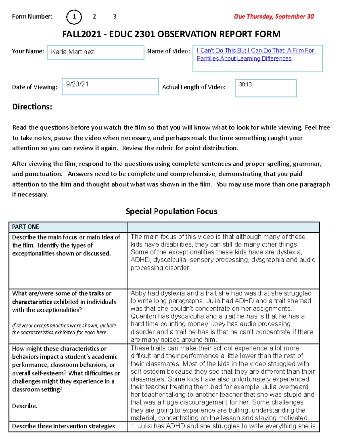 EDUC 2301 Observation report - Form Number: 1 2 3 Due Thursday ...
