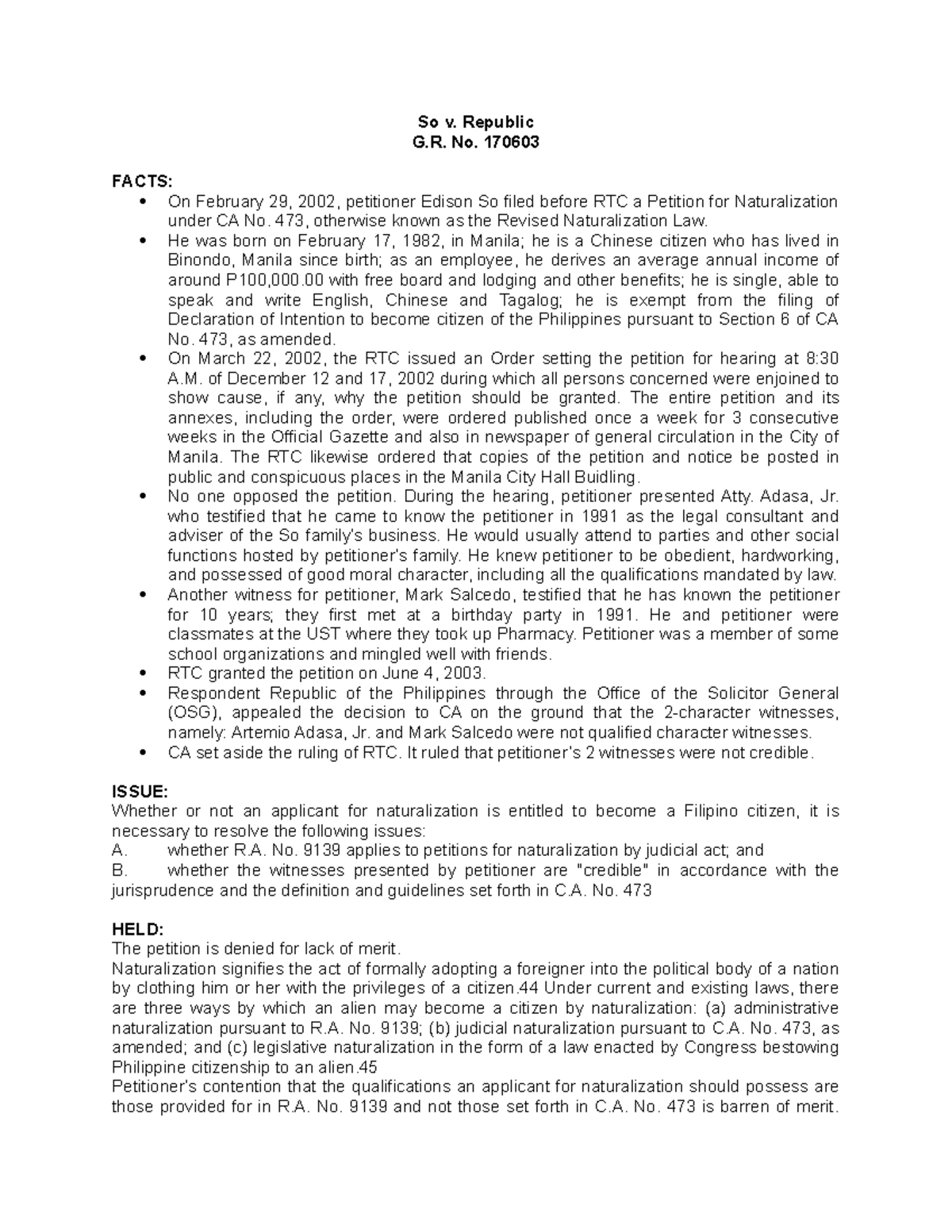 SO vs. Republic - DIGEST - So v. Republic G. No. 170603 FACTS: On ...