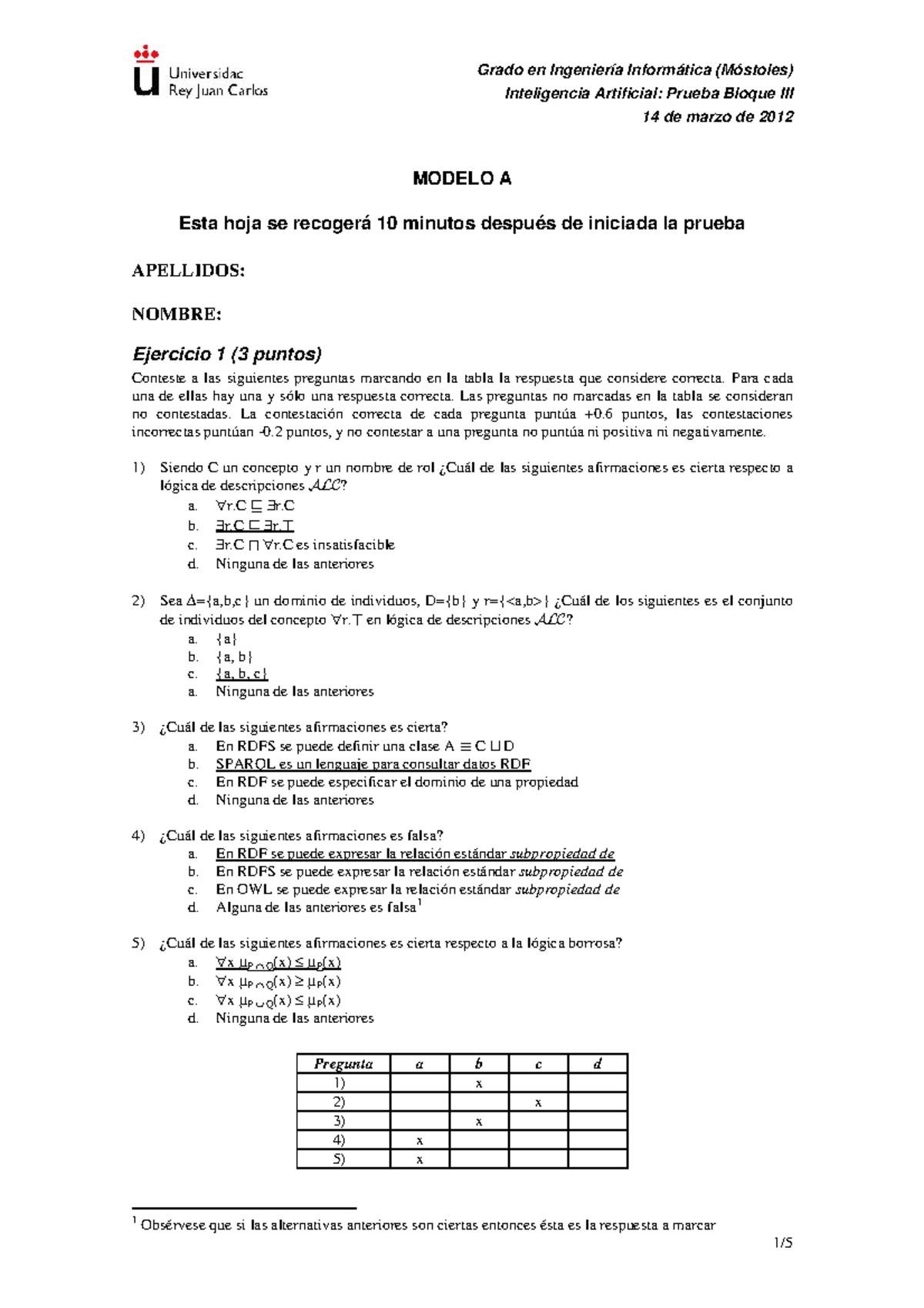 Examen IA 12 Prueba 2 - Inteligencia Artificial: Prueba Bloque III 14 de marzo de 2012 MODELO A ...