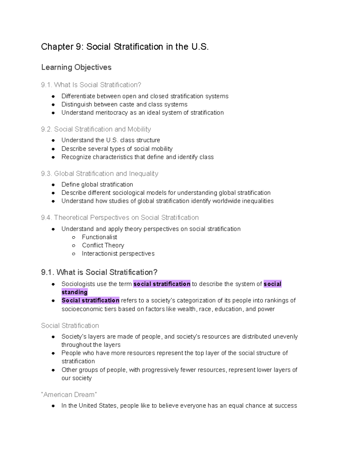 SOC140- Chapter 9 - Chapter 9: Social Stratification in the U. Learning ...