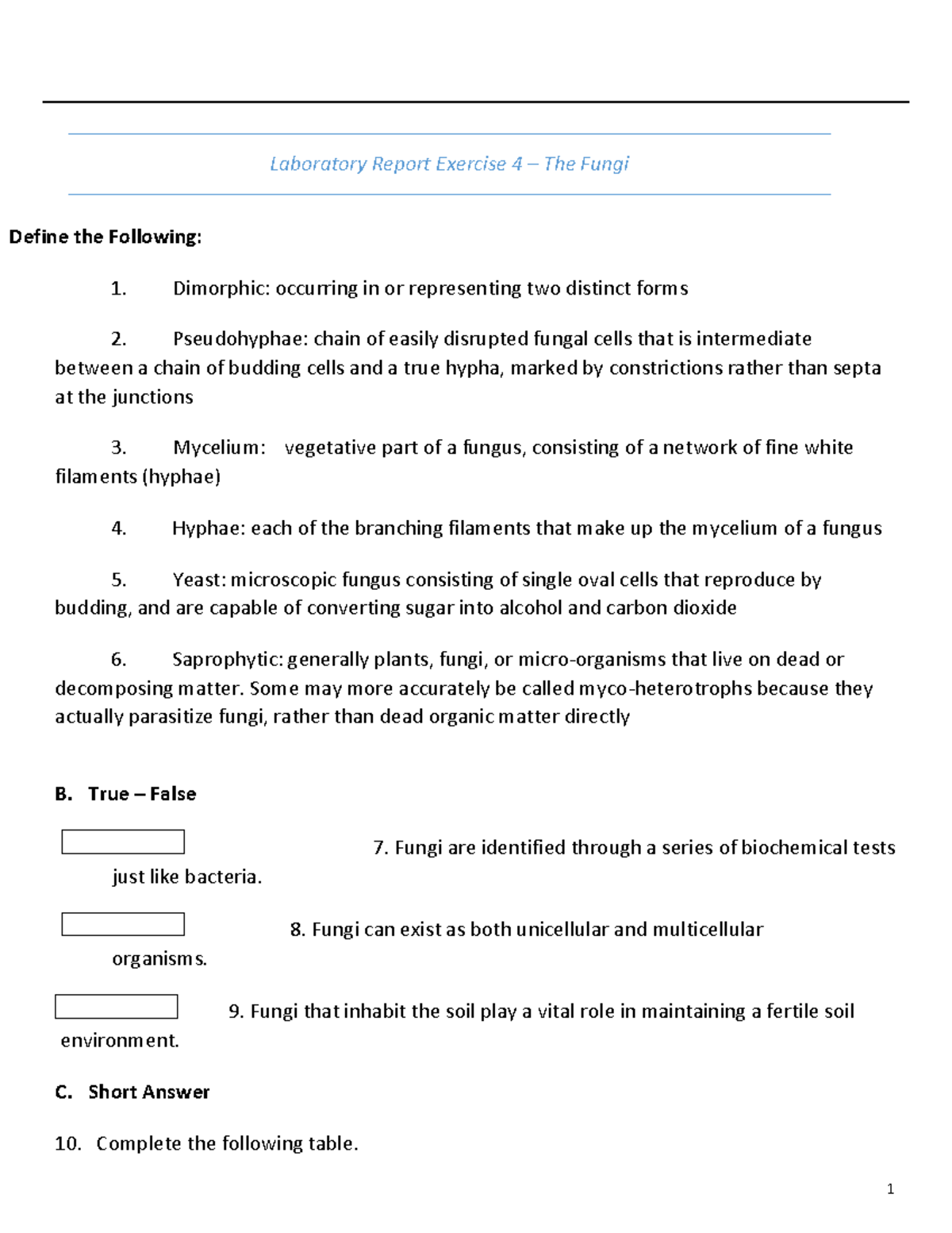 Laboratory Report Exercise 4 – The Fungi - Laboratory Report Exercise 4 ...