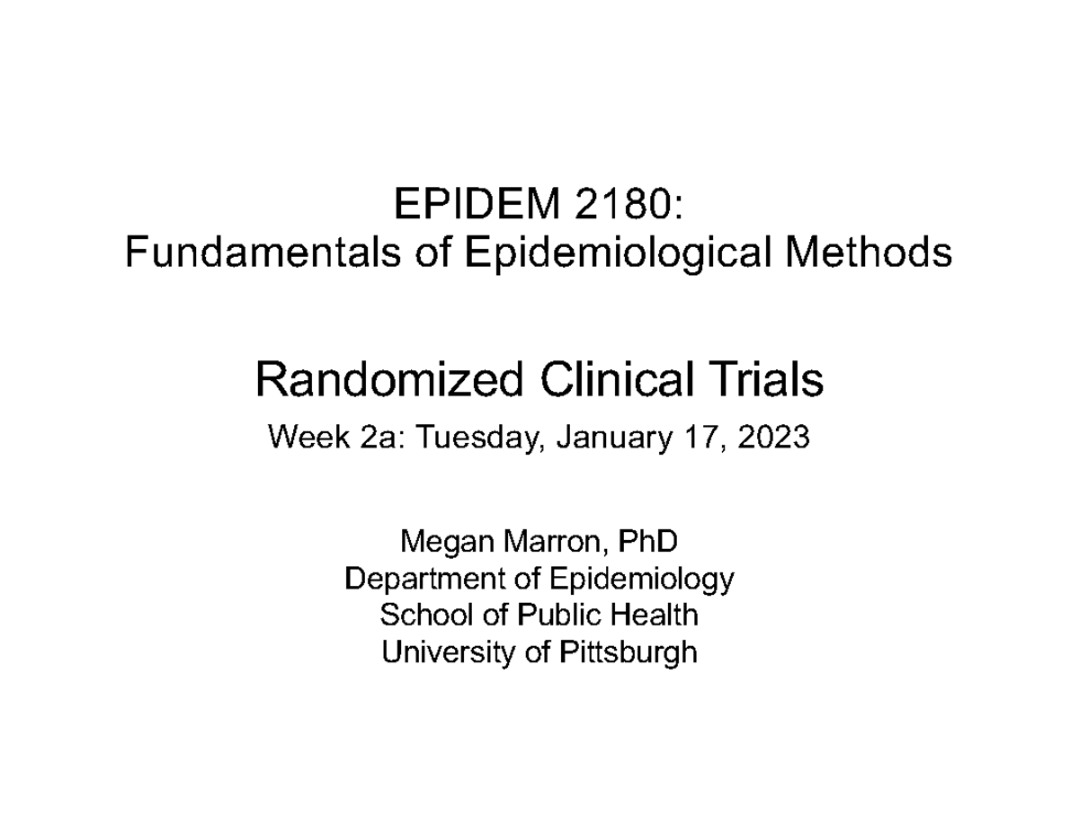 Week 2a Randomized Clinical Trials 2023 - Read-Only - EPIDEM 2180 ...
