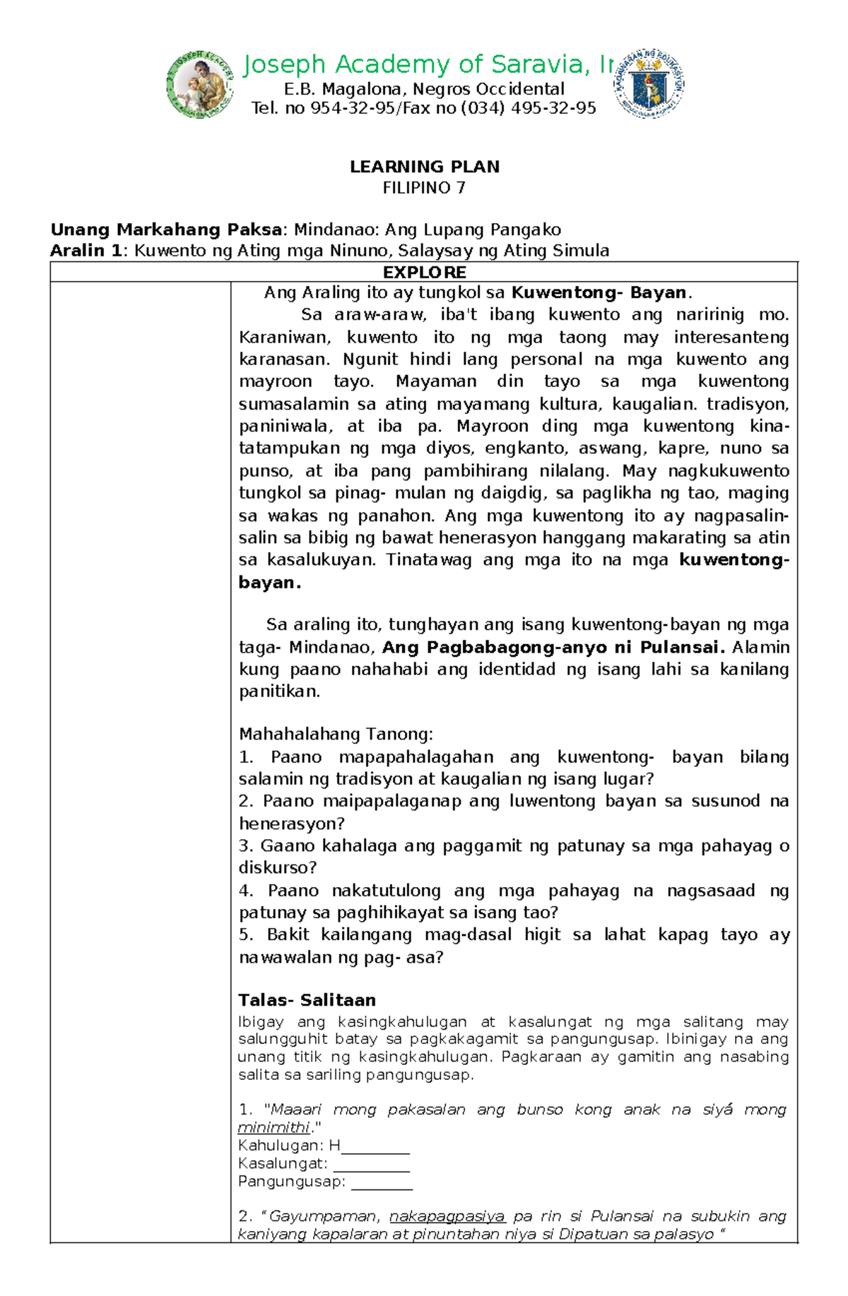 FIL 7- Learning PLAN - fil7 lp - St. Joseph Academy of Saravia, Inc. E ...