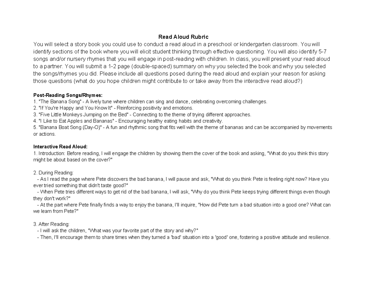 Read Aloud - You will identify sections of the book where you will ...