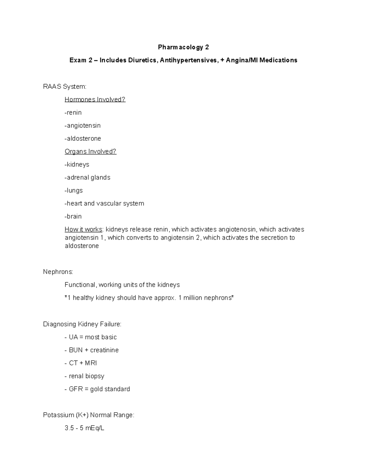 NUR 354 Exam 2 Study Guide - Pharmacology 2 Exam 2 – Includes Diuretics ...