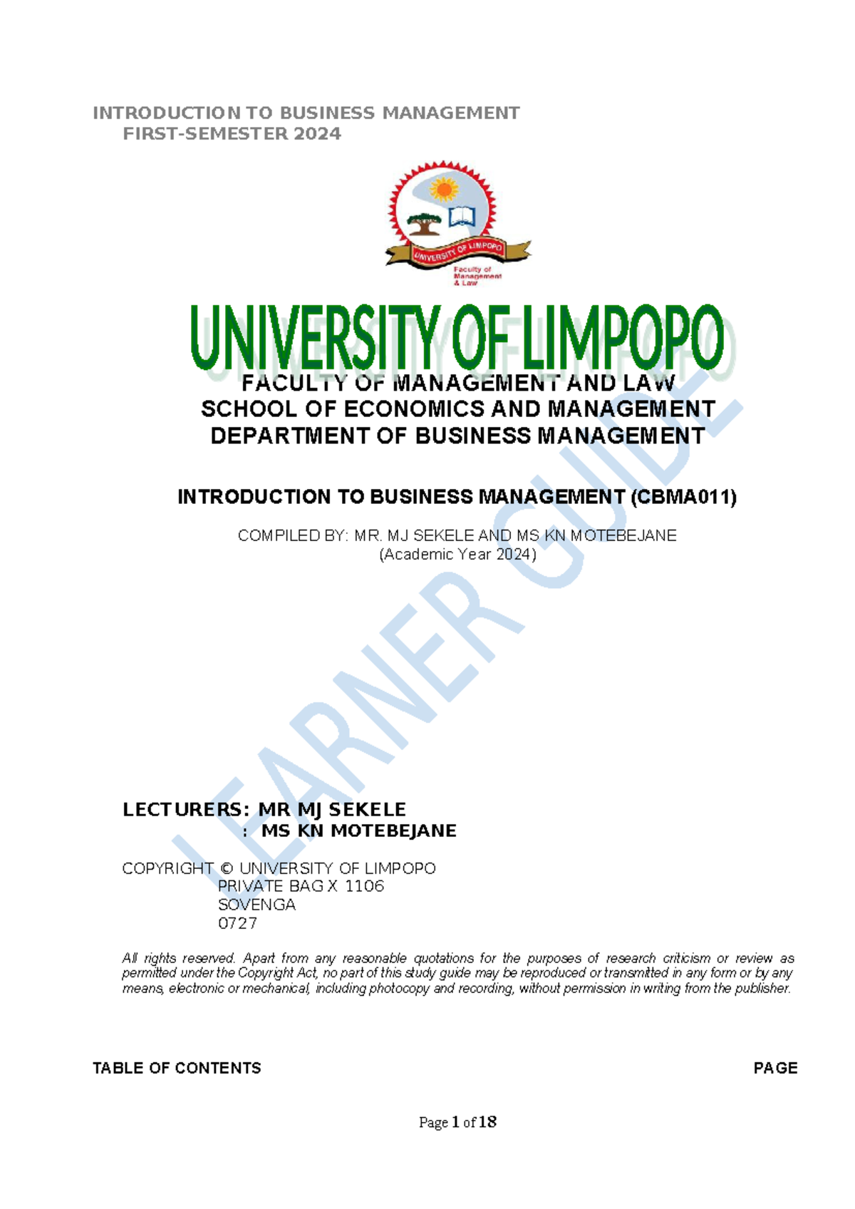 CBMA011 Course Outline 2024 - FIRST-SEMESTER 2024 FACULTY OF MANAGEMENT ...