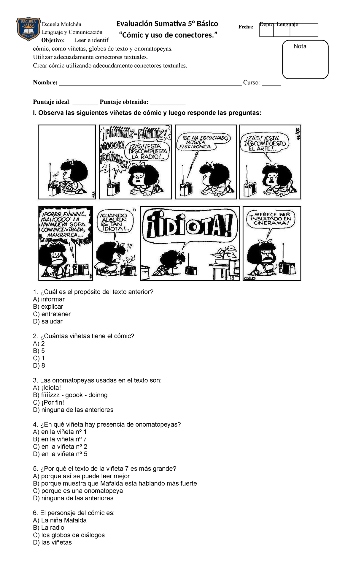 Prueba Cómic y Conectores - Escuela Mulchén Depto. Lenguaje Lenguaje y ...