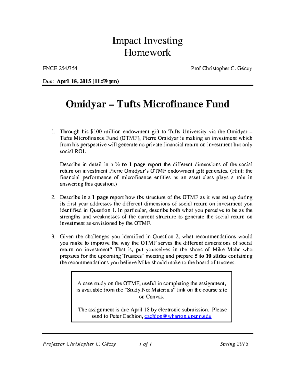 Homework 2 FNCE 254 754 Impact Investing Spring 2016 - Professor ...