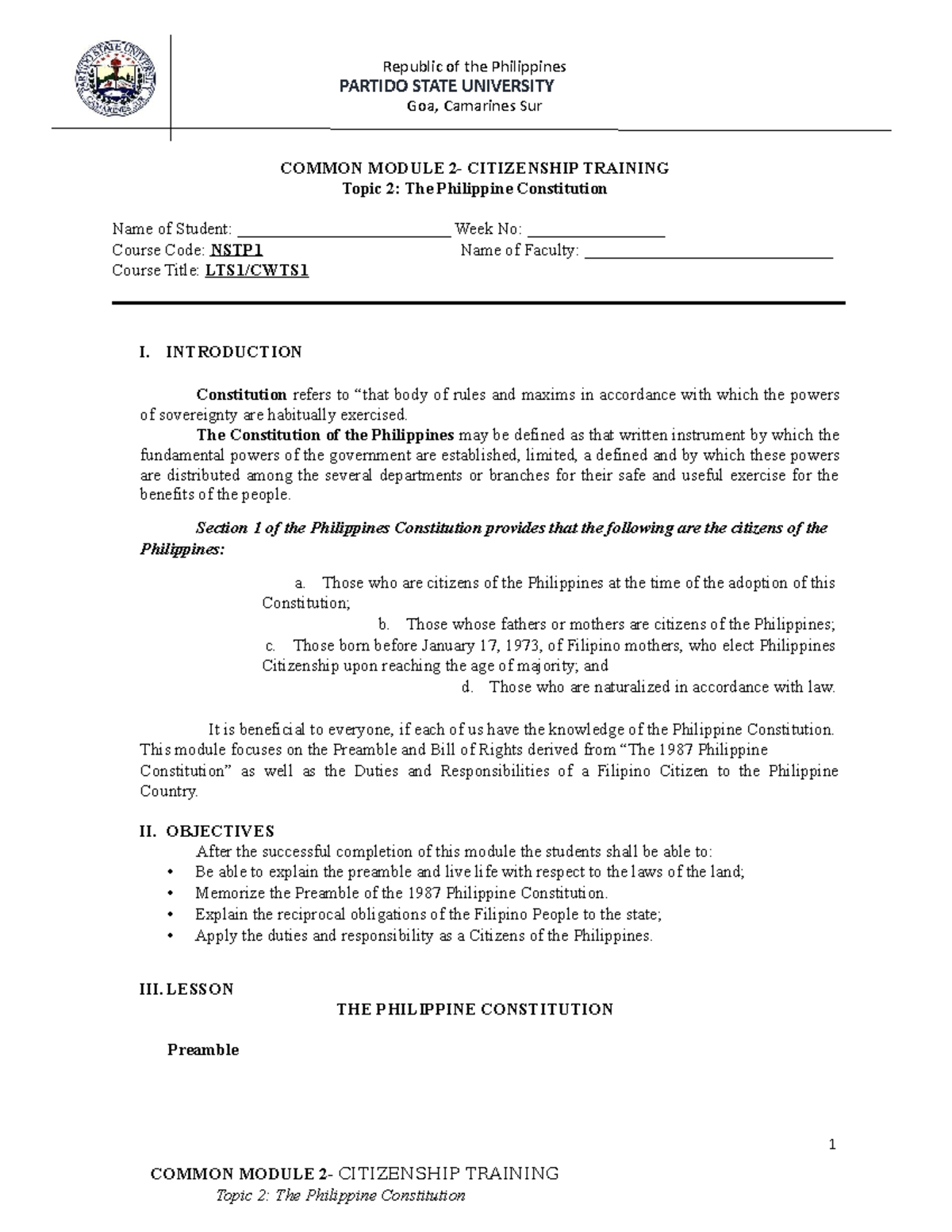 2023 2024 CWTS1 LTS1 Module 2 Topic 2 Philippine Constitution Preamble ...
