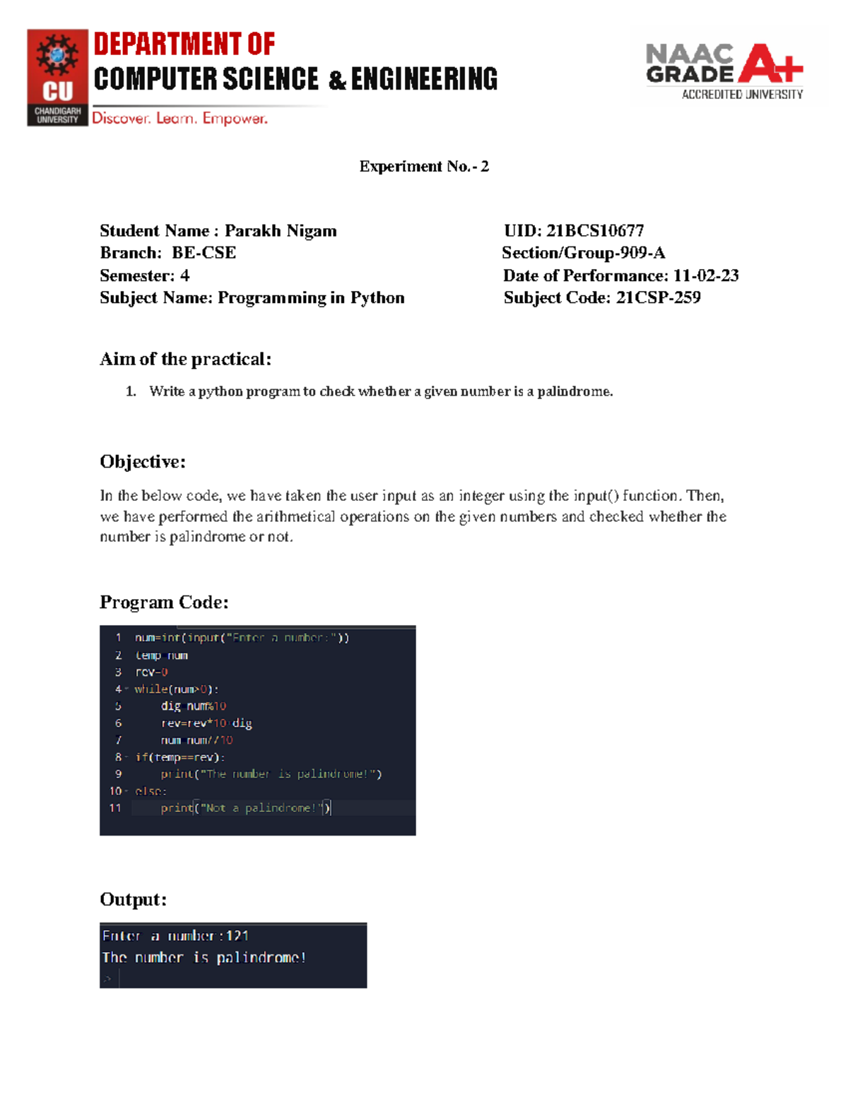 WS - 2 Python Parakh - DEPARTMENT OF COMPUTER SCIENCE & ENGINEERING Experiment No.- 2 Student ...