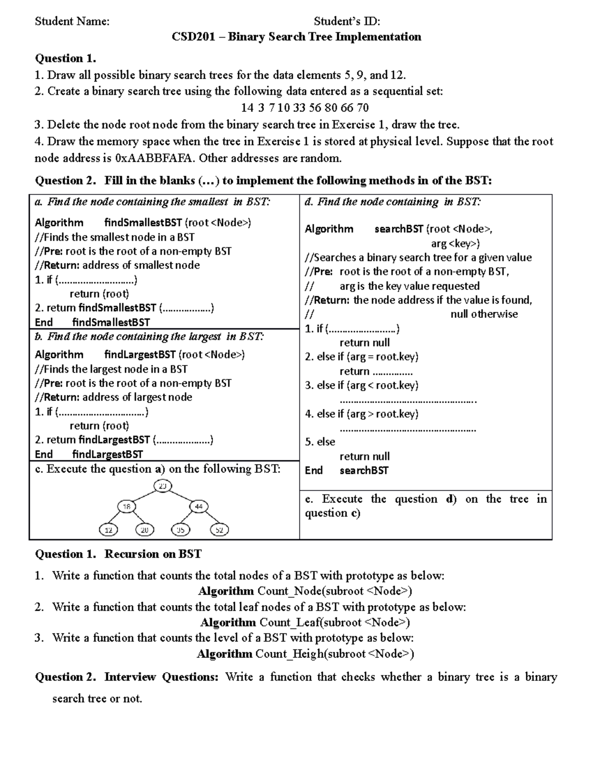 CSD201 BST Implementation - Student Name: Student’s ID: CSD201 – Binary Search Tree ...