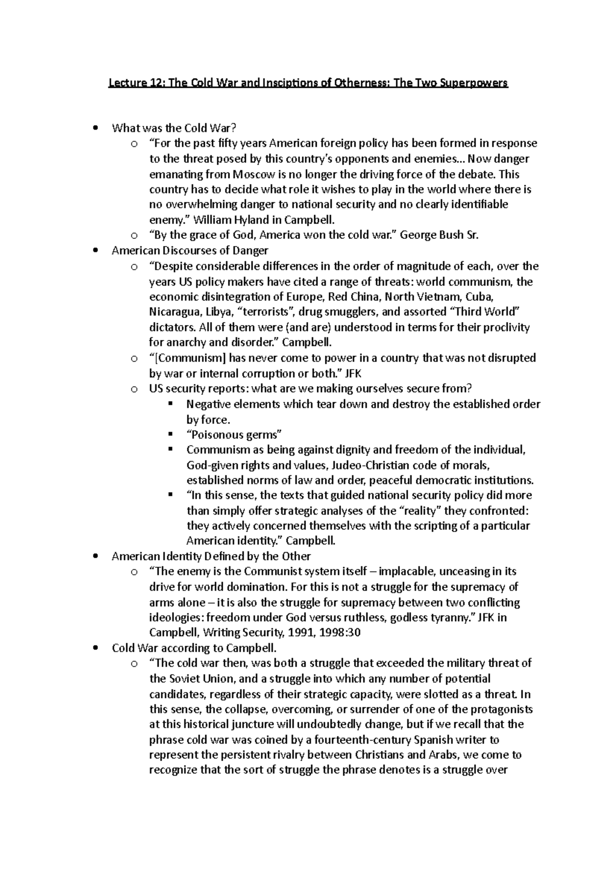 L12-Cold War - Lecture notes 12 - Lecture 12: The Cold War and ...