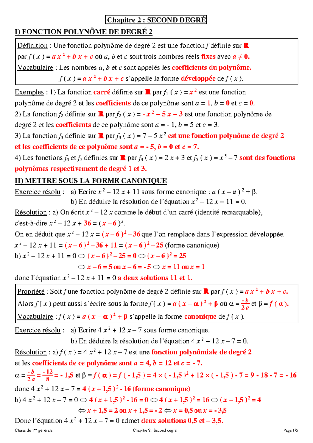 Cours CH 02 Second degré - Chapitre 2 : SECOND DEGRÉ I) FONCTION ...