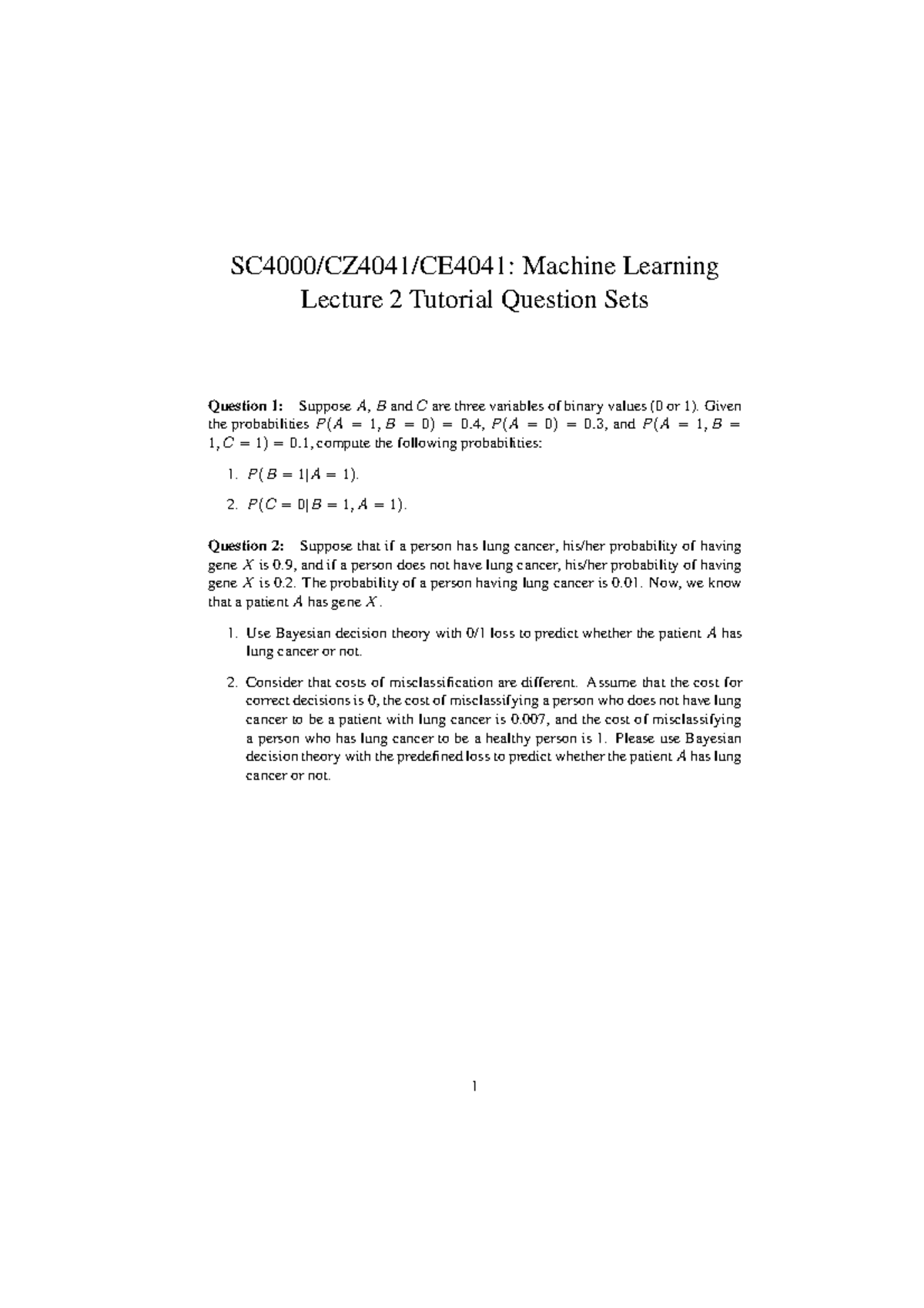 SC4000 L2 tut questions - SC4000/CZ4041/CE4041: Machine Learning ...
