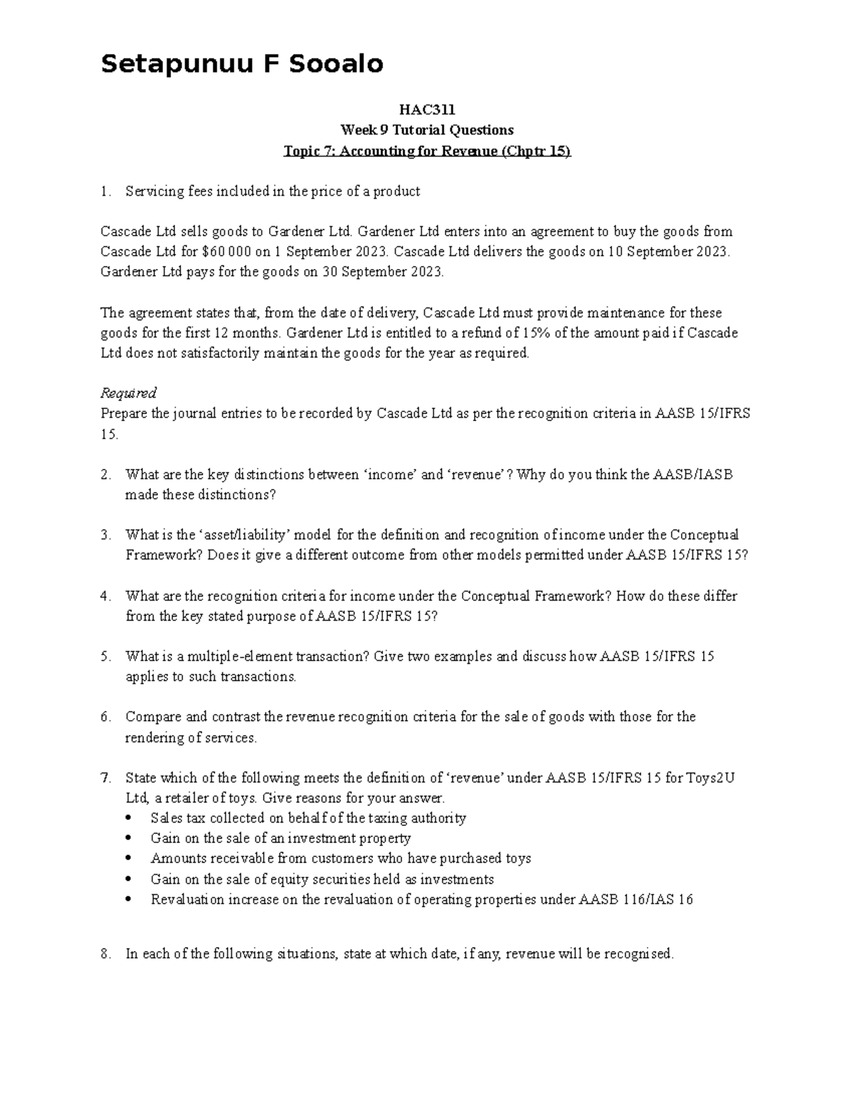 Week 9 Tutorial Questions - Accounting for Revenue - HAC Week 9 ...