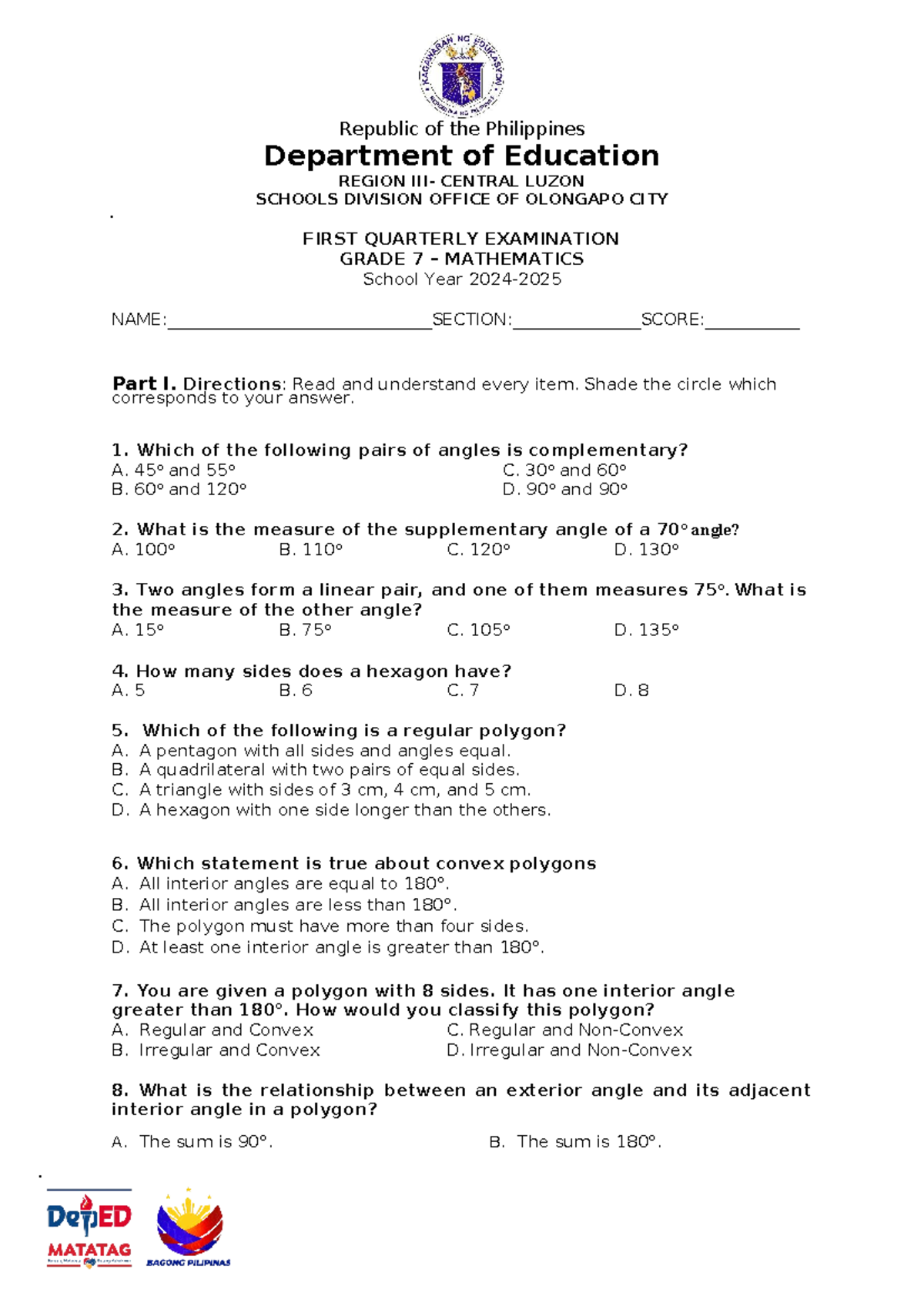 MATH 7 Q1 Quarterly TEST Matatag Curriculum - Department of Education ...