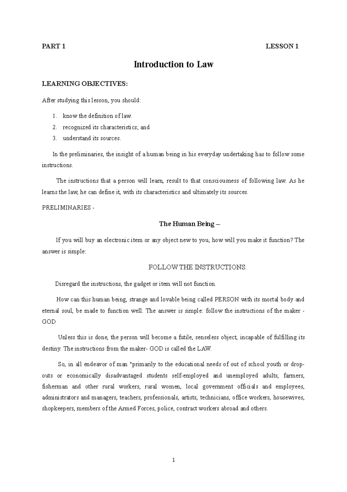 Intro to law converted - PART 1 LESSON 1 Introduction to Law LEARNING ...