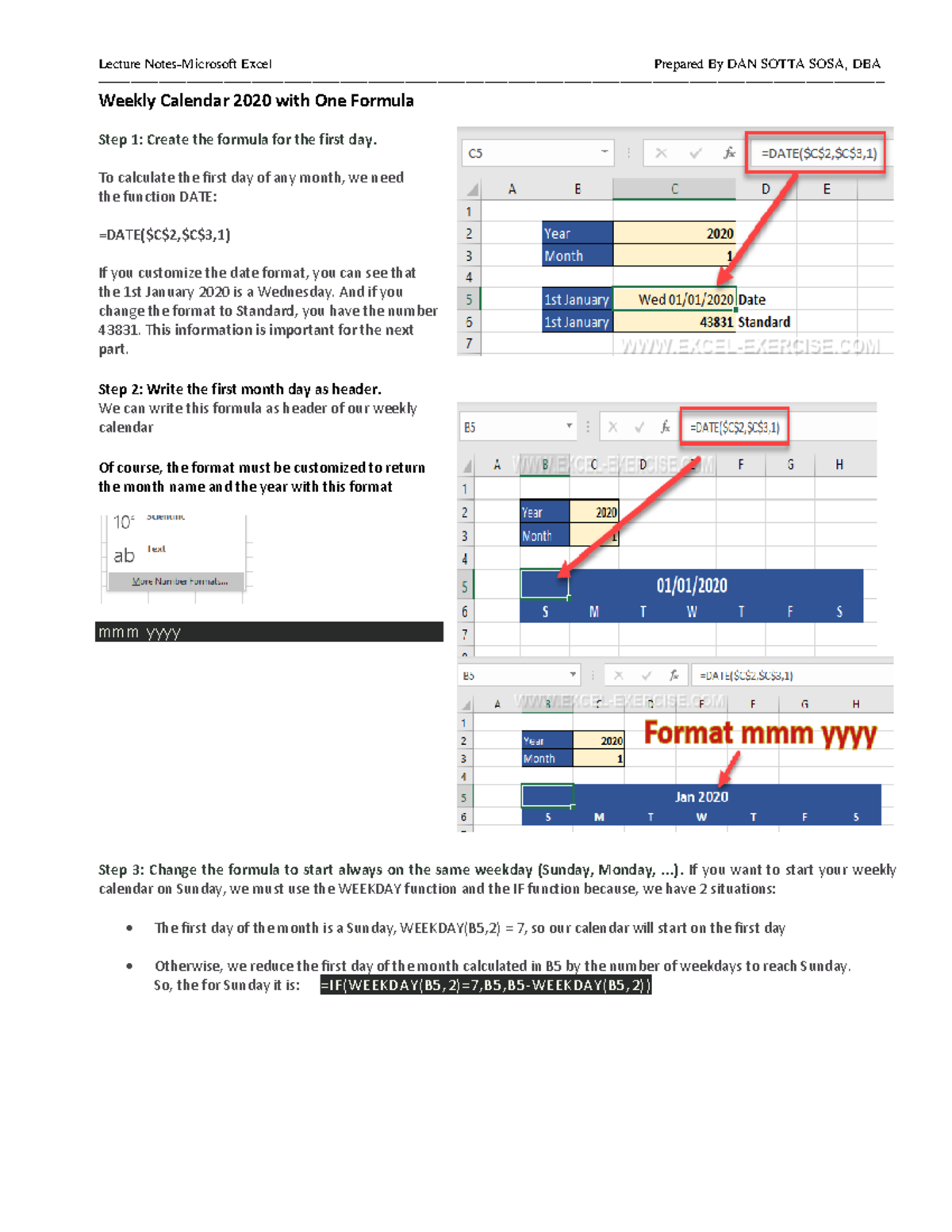 Practice Exercise-Weekly Calendar 2020 with One Formula - Weekly ...