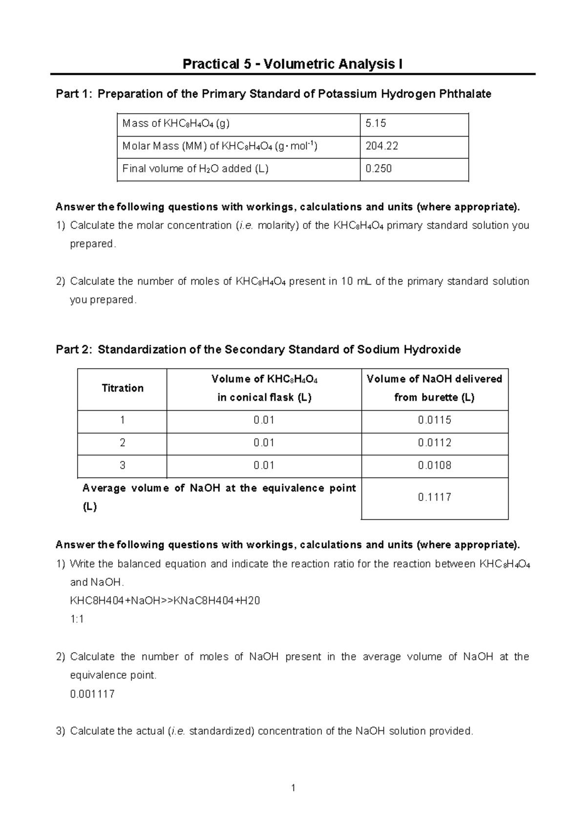 Practical 5 complete - Same as24/25 - Practical 5 Volumetric Analysis I ...