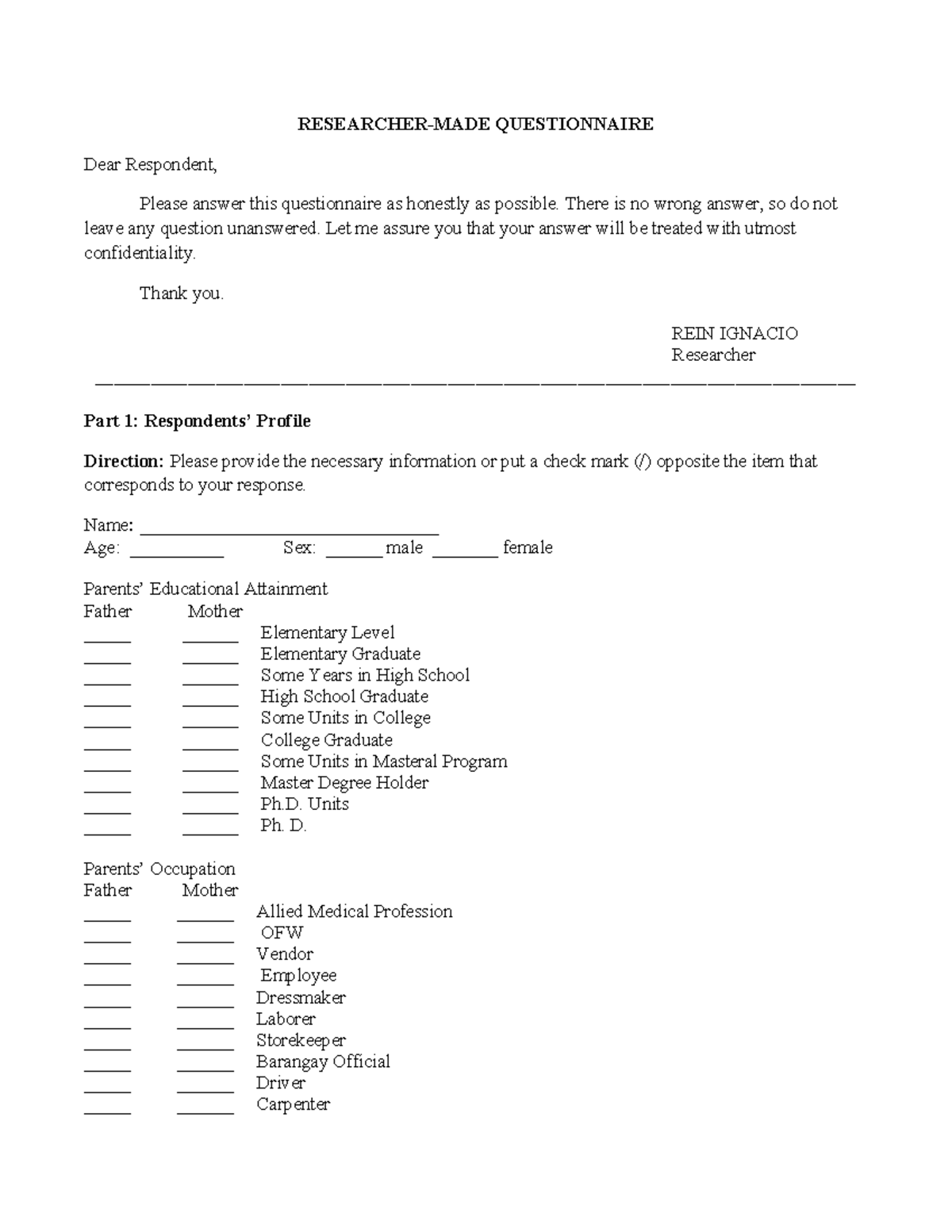 241888108-Sample-Questionnaire - RESEARCHER-MADE QUESTIONNAIRE Dear ...