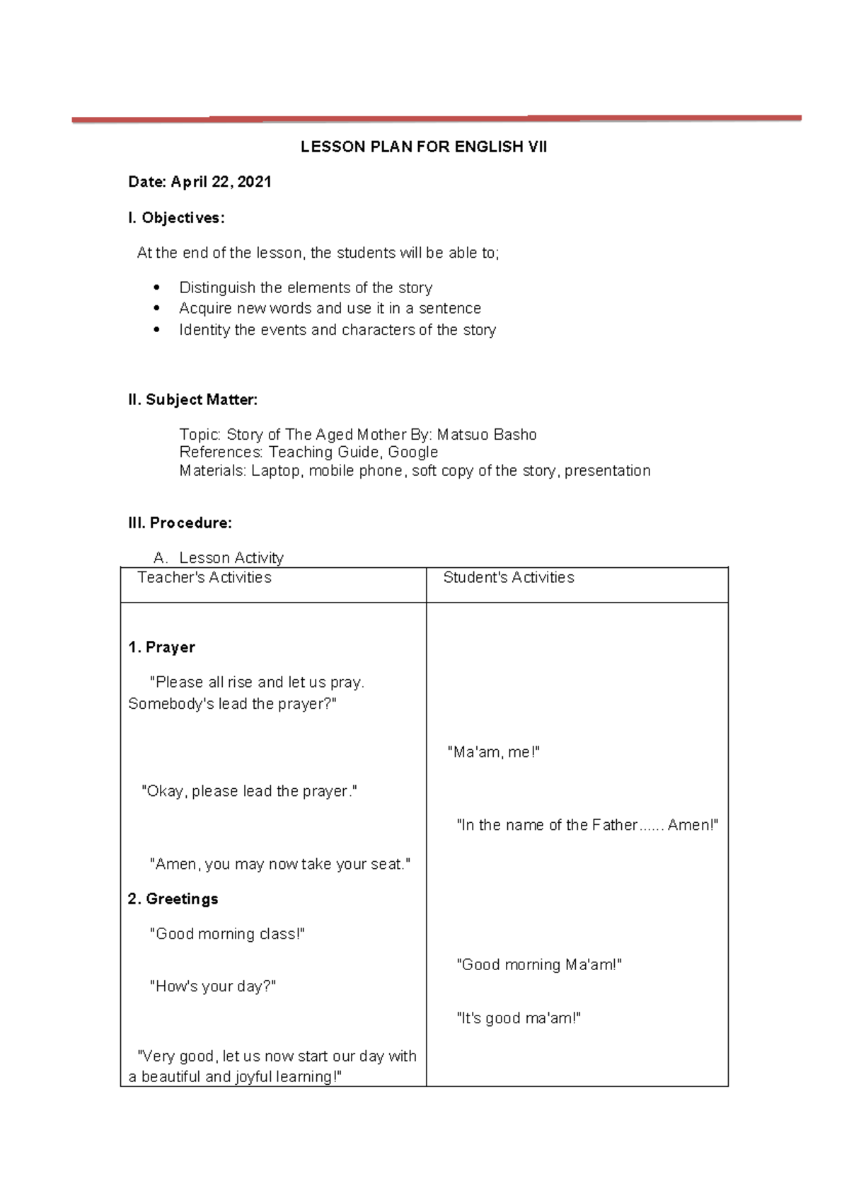 Lesson Plan Affixes - LESSON PLAN FOR ENGLISH VII Date: April 22, 2021 ...